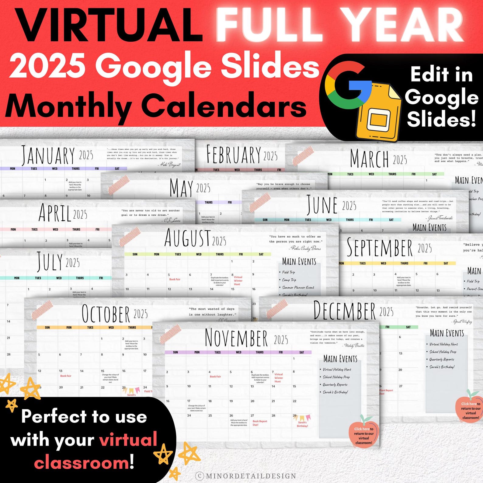 Virtual Classroom Calendar, Google Slides Calendar, Digital Classroom ...