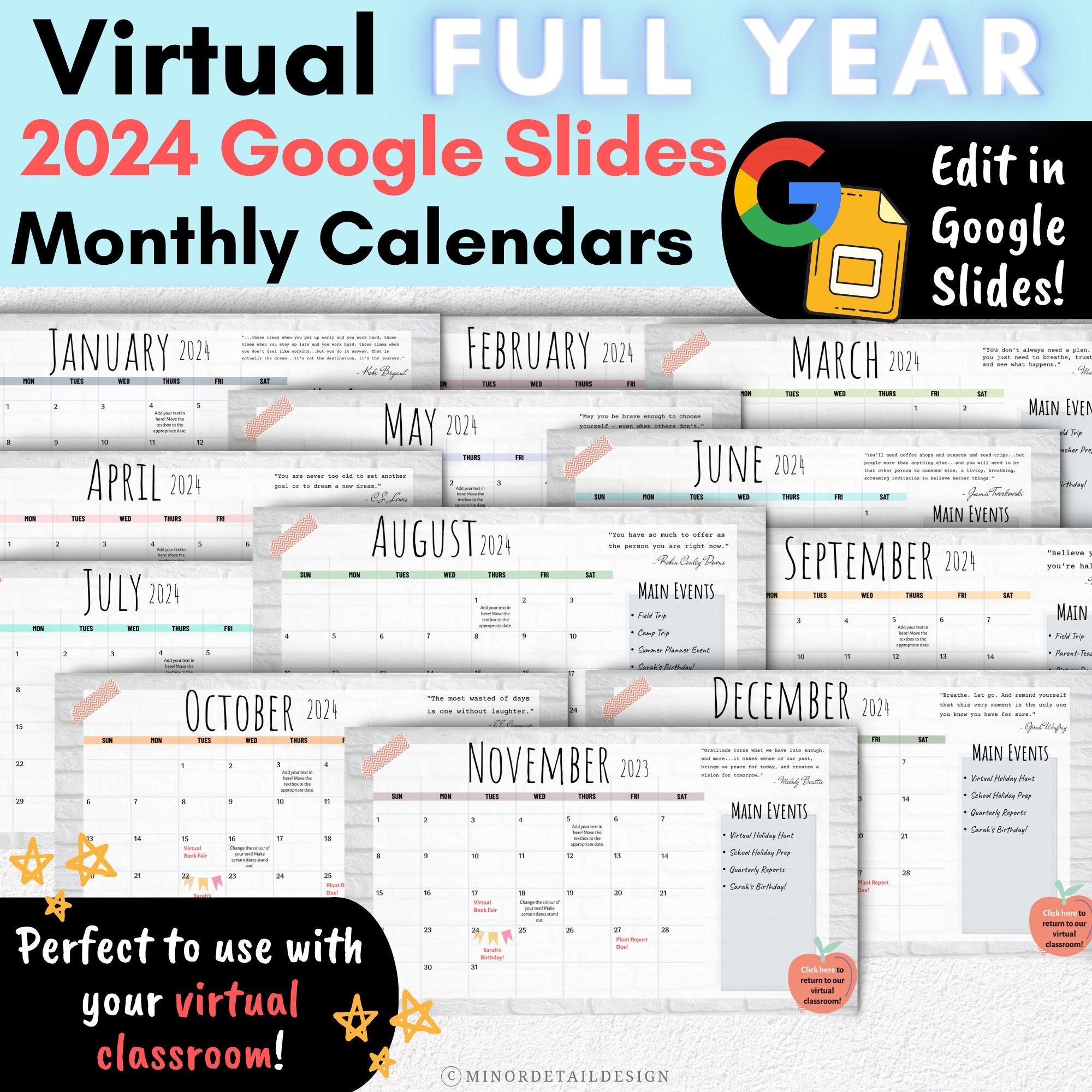 Virtual Classroom Calendar, Google Slides Calendar, Digital Classroom ...