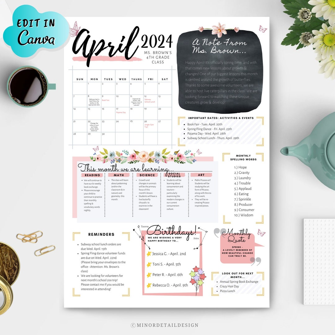 Editable School Newsletter, April Newsletter, Classroom Newsletter ...