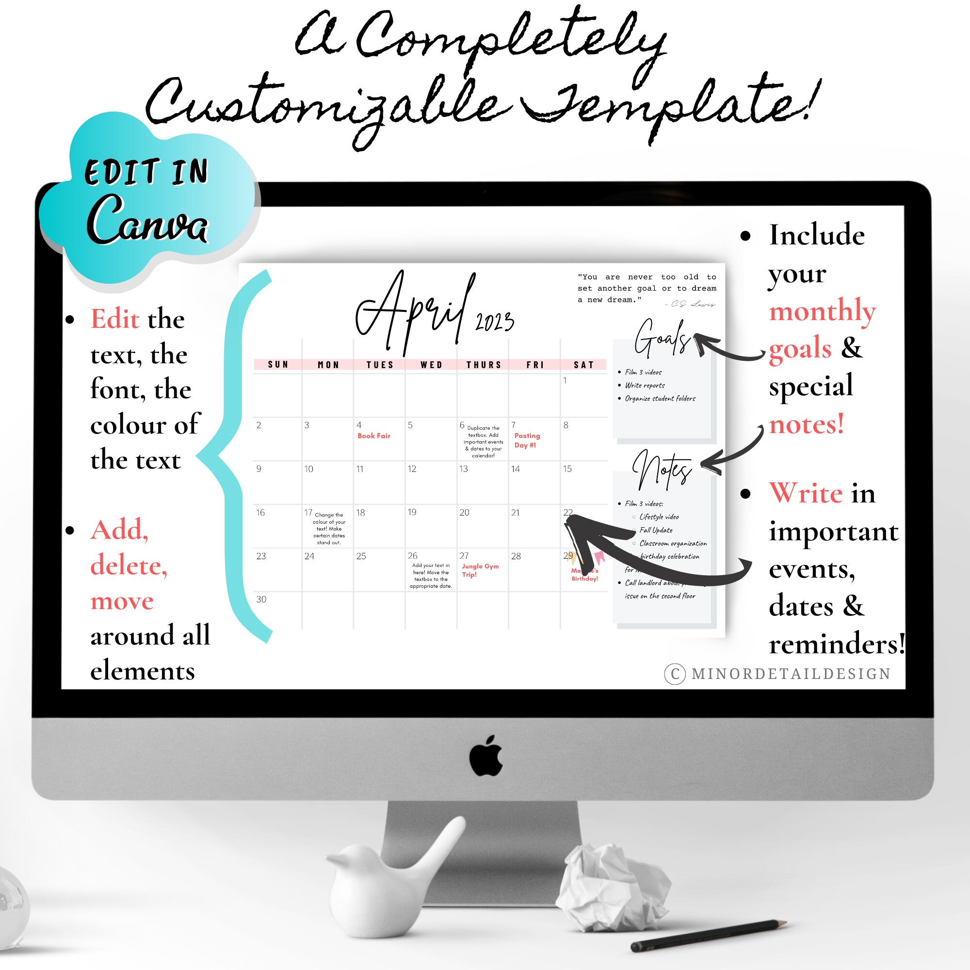 April Calendar Printable, April Calendar 2023, April Calendar Planner ...