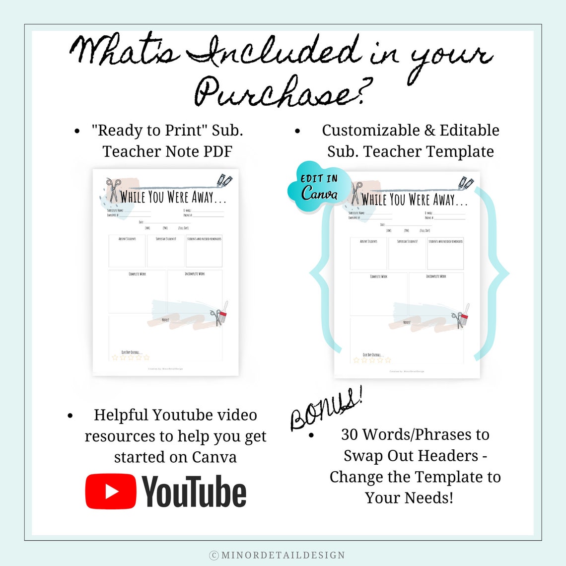 Substitute Note, Classroom Notes, Personalized Teacher Note, Editable ...
