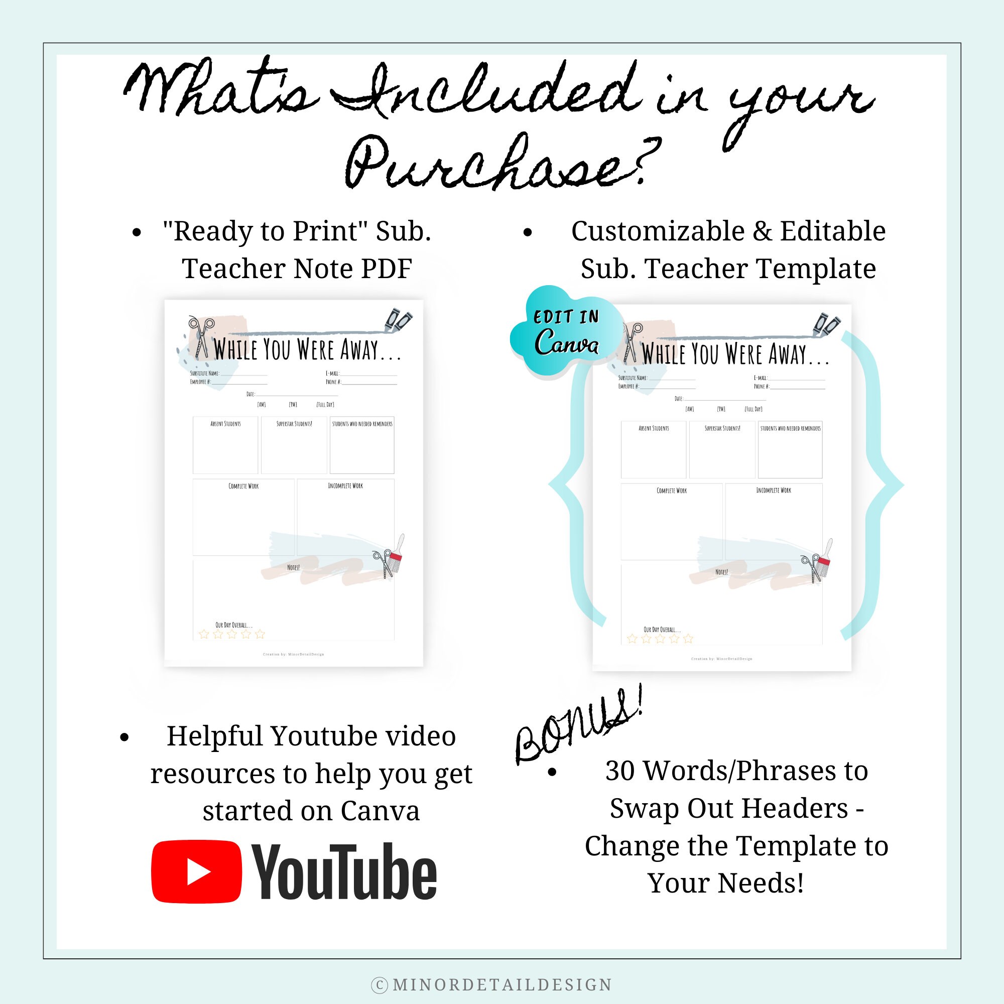 Substitute Note, Classroom Notes, Personalized Teacher Note, Editable ...