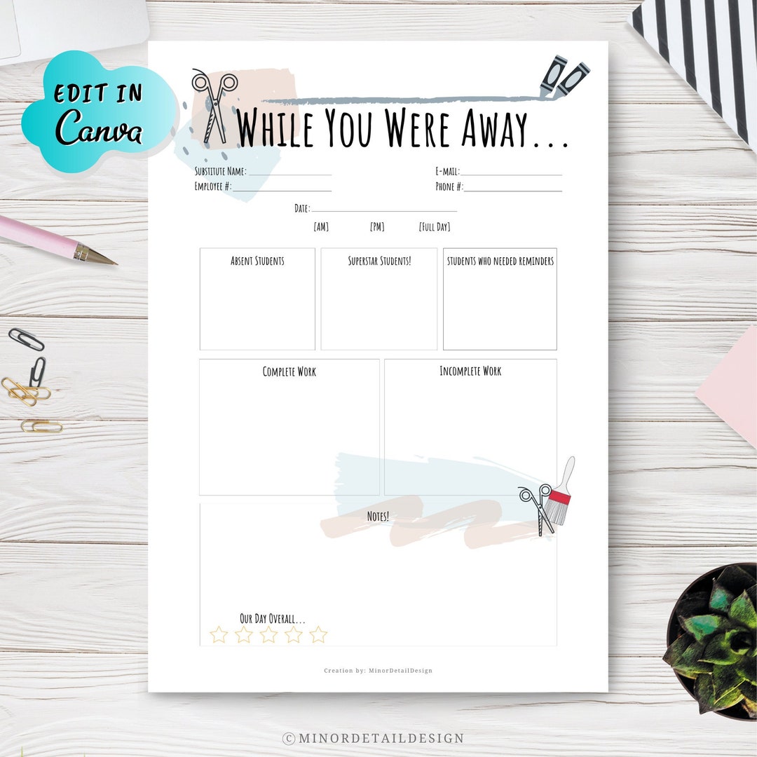 Substitute Note, Classroom Notes, Personalized Teacher Note, Editable ...