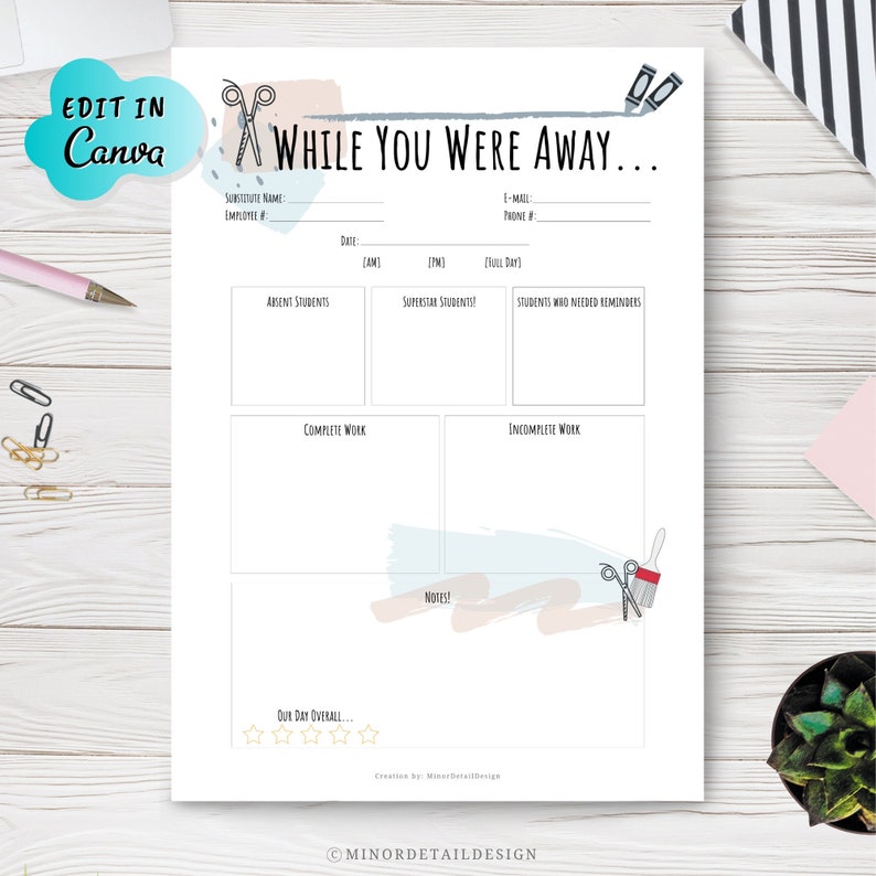 Substitute Note, Classroom Notes, Personalized Teacher Note, Editable ...