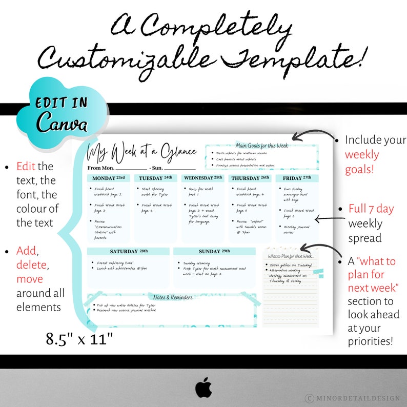 EDITABLE Home School Schedule, Week at A Glance Planner, Week at A ...