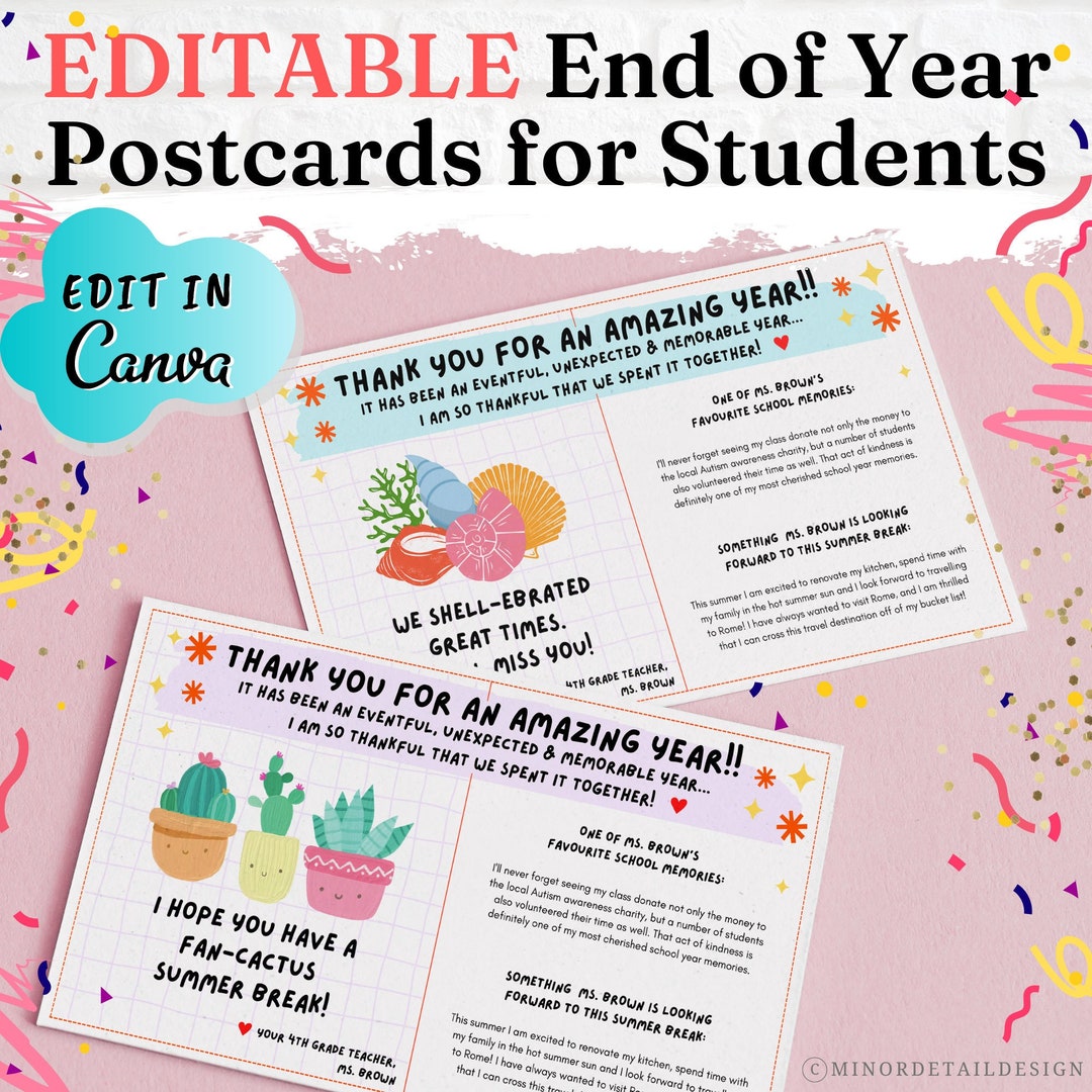 Last Day of School Postcards, Editable End of the Year Note to Students ...