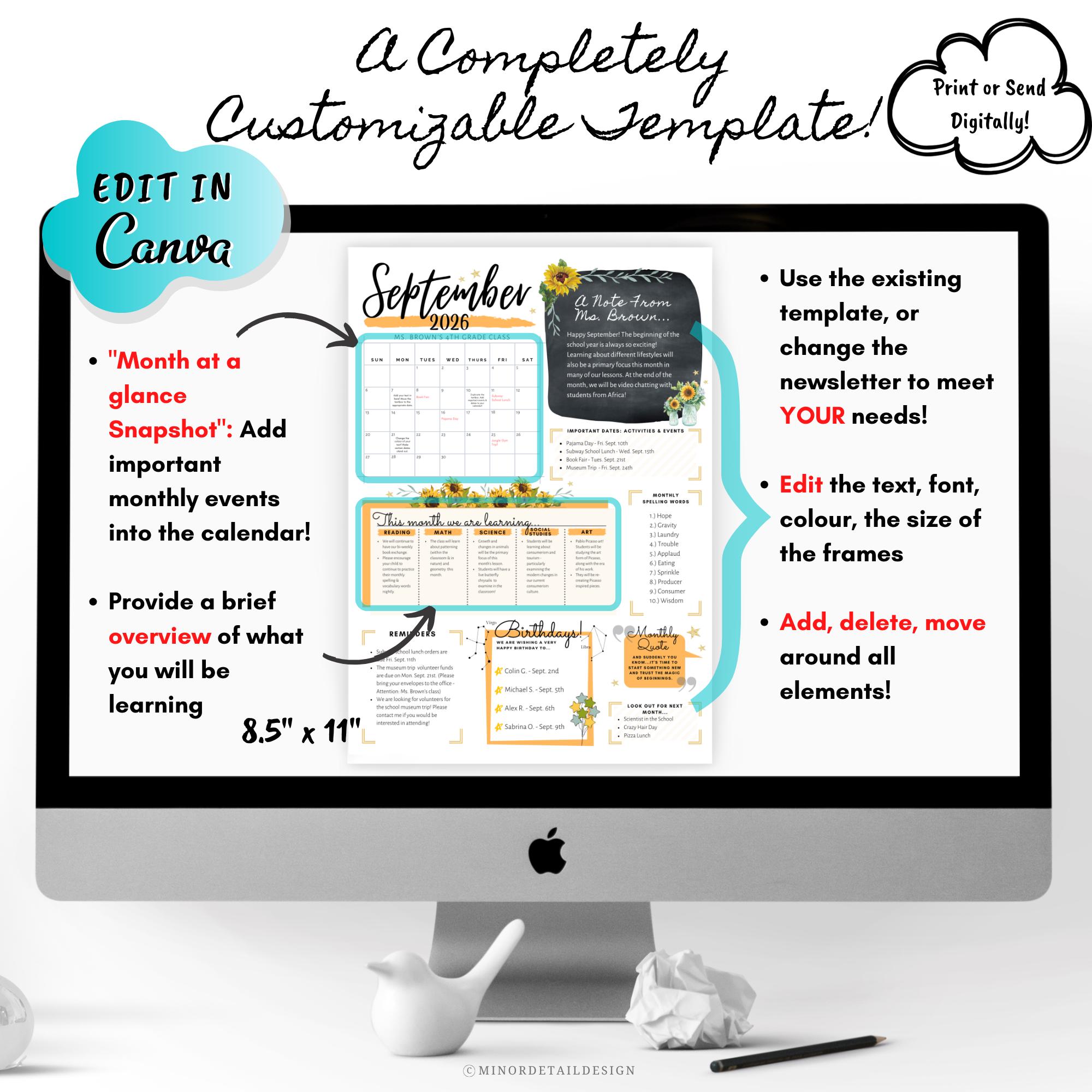 EDITABLE School Newsletter, MONTHLY Classroom Newsletter, 12 Month ...