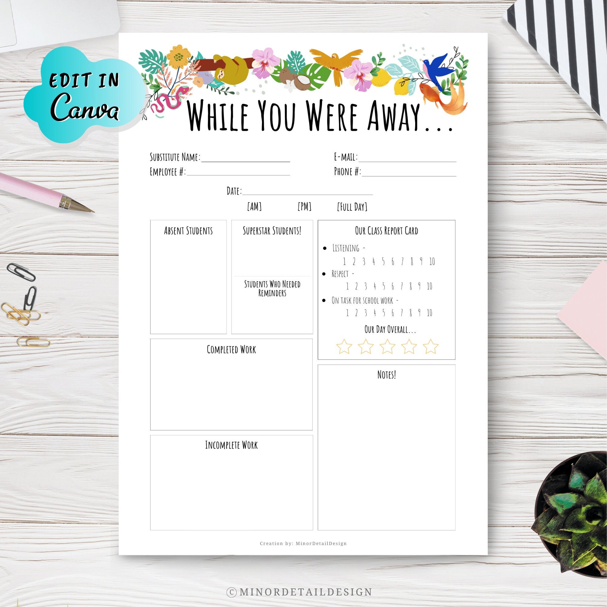 Substitute Teacher Resource Editable Teacher Note Substitute - Etsy