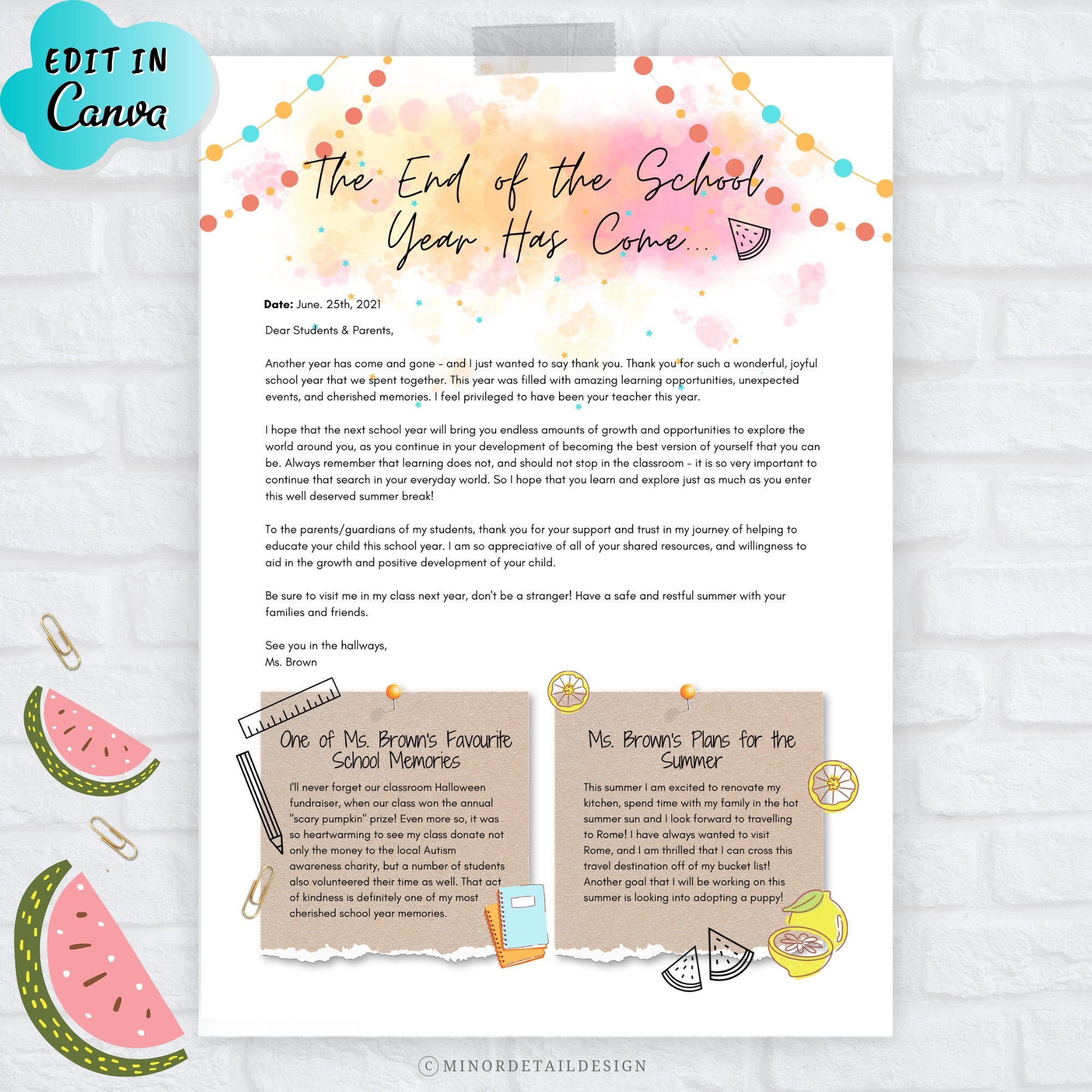 Editable End of the Year Note to Students End of the Year | Etsy