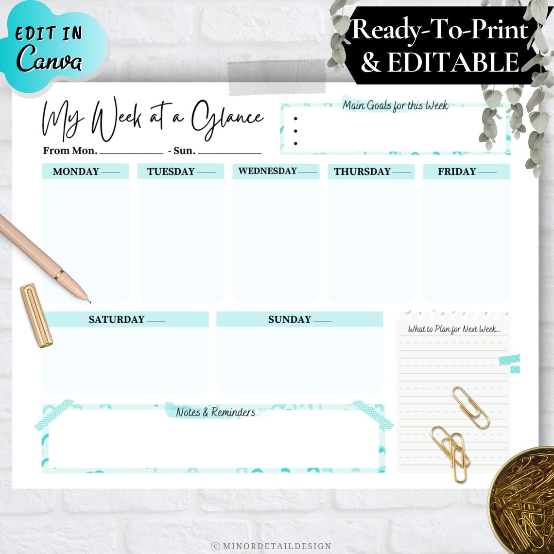 EDITABLE Home School Schedule, Week at A Glance Planner, Week at A ...