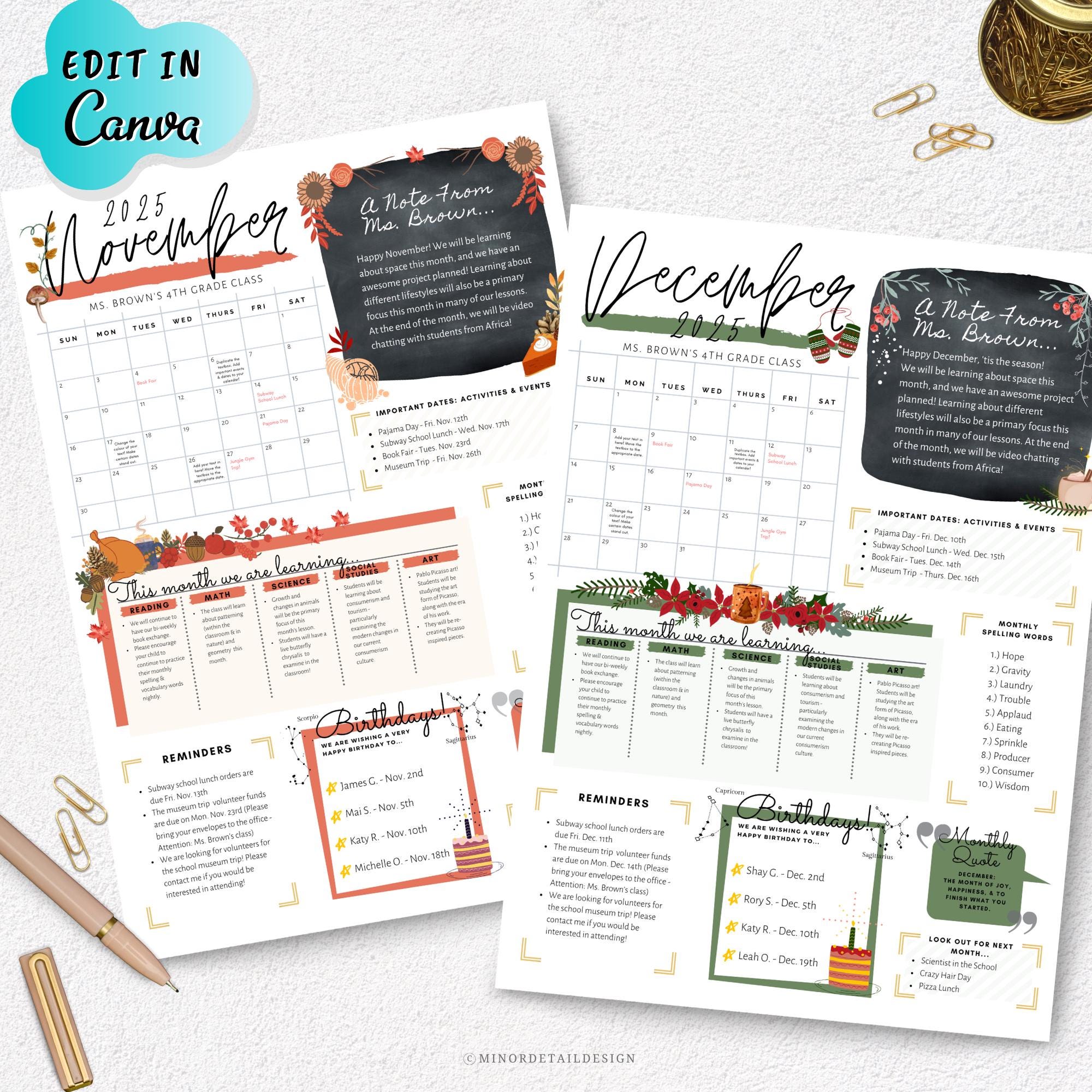 EDITABLE School Newsletter, Monthly Classroom Newsletter, 12 Month ...