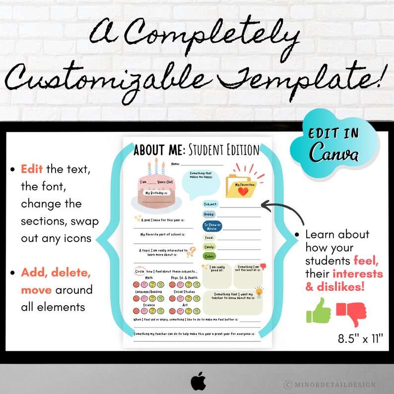 EDITABLE Student About Me, All About Me Printable Back to School, First ...