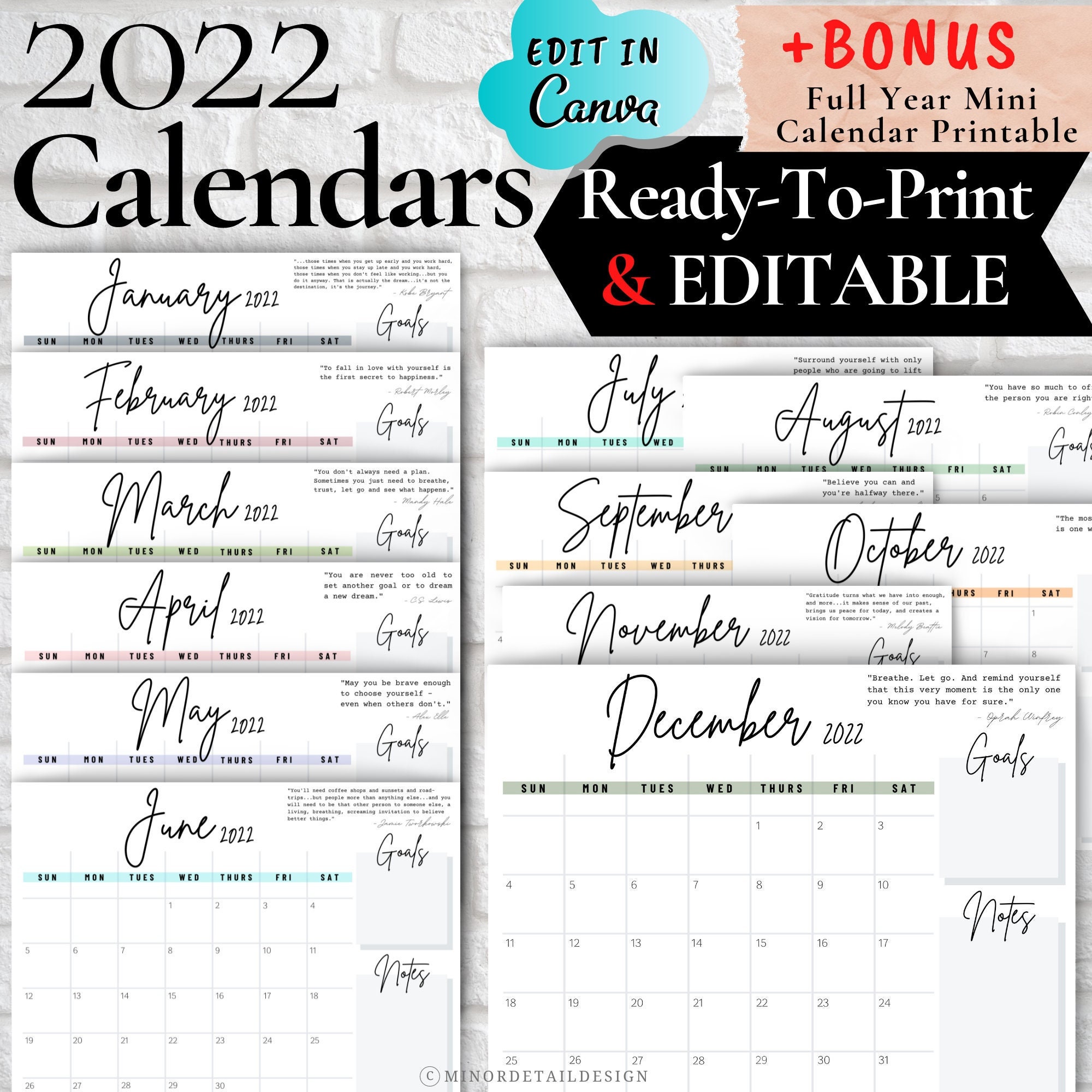 12 Month Calendar Printable Full Year Calendar Printable | Etsy