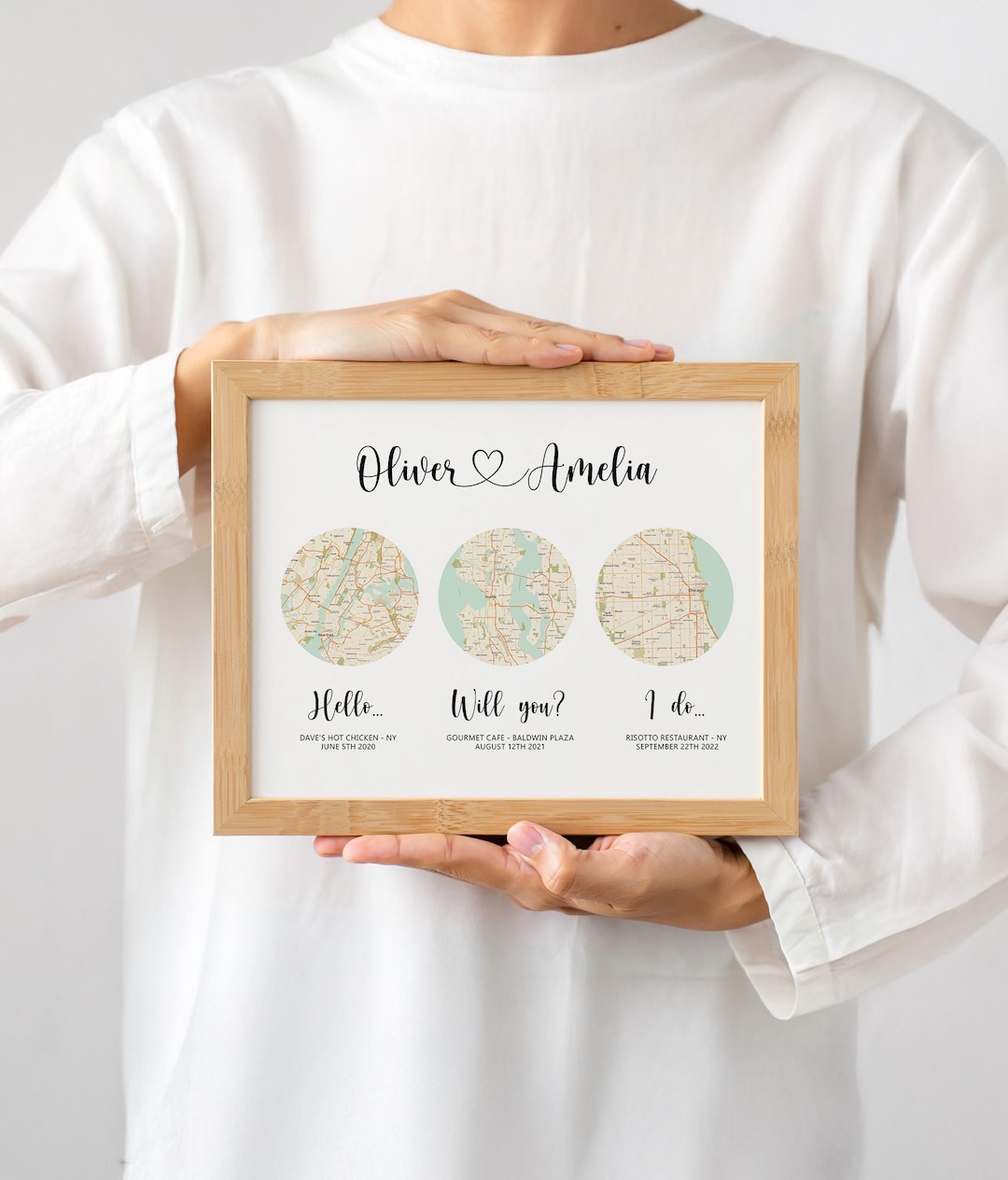 Customizable Three Location Map Print: Met, Engaged, Married Keepsake ...