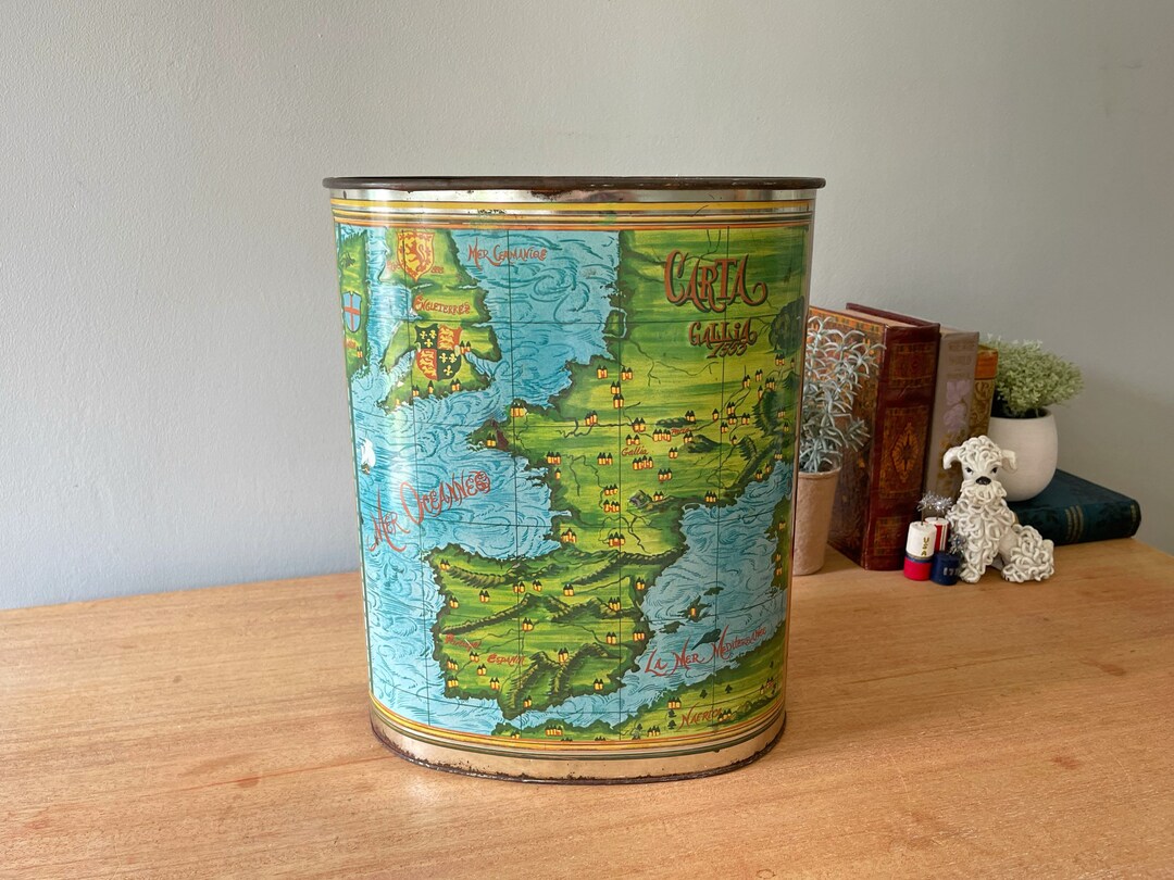 Vintage Trash Can, European Map, Metal Trash Can, Map Wastebasket ...