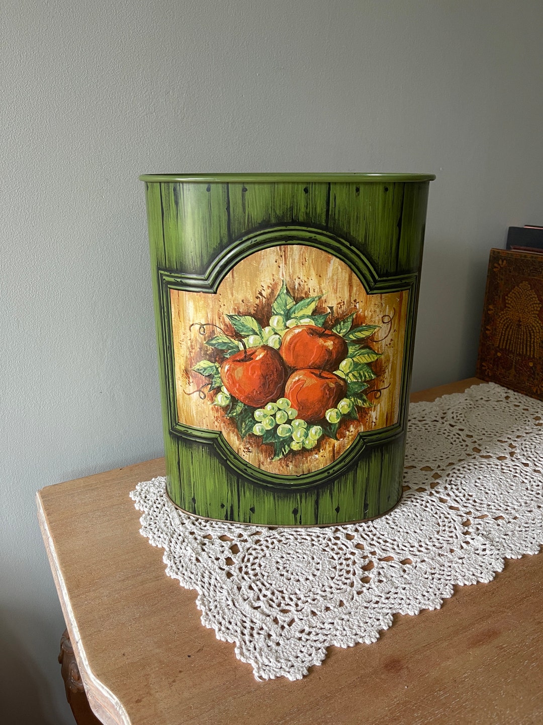 Vintage Trash Can, Vintage Apple Trash Can, Metal Trash Can, Vintage ...