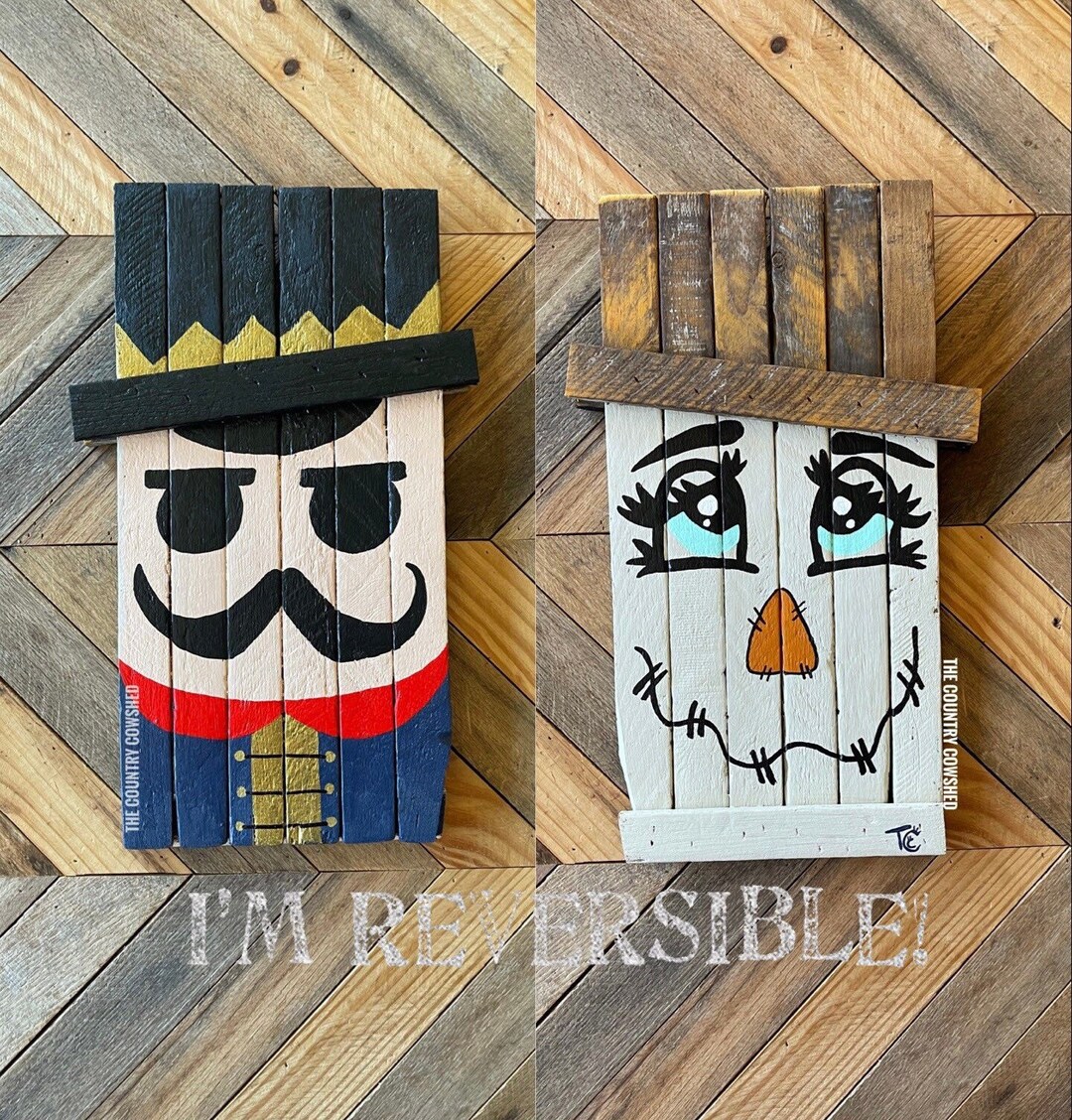 Nutcracker Yard Art, Scarecrow, Rustic Halloween Yard Art, Reversible Fall Winter Decor, Fall ...