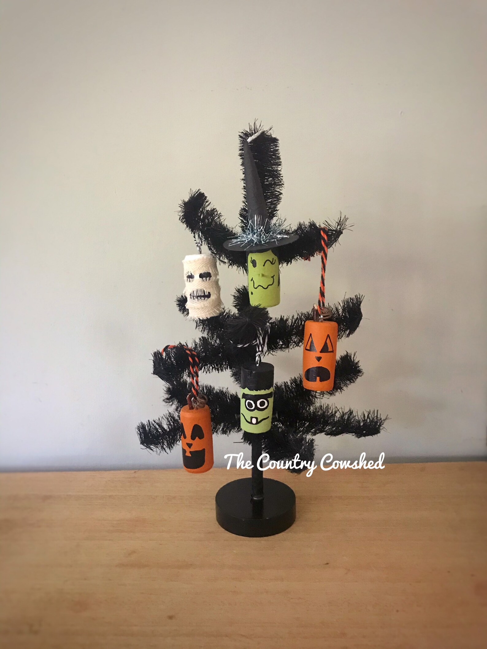 Halloween Tree With Ornaments, Halloween Bottle Brush Tree, Wine Cork ...
