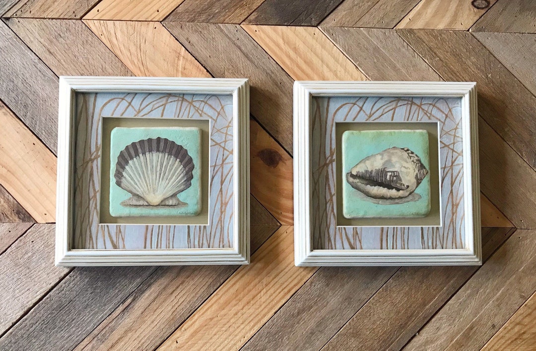 Vintage Seashell Art, Vintage Art, Seashell Tile Art, Beach House Decor ...