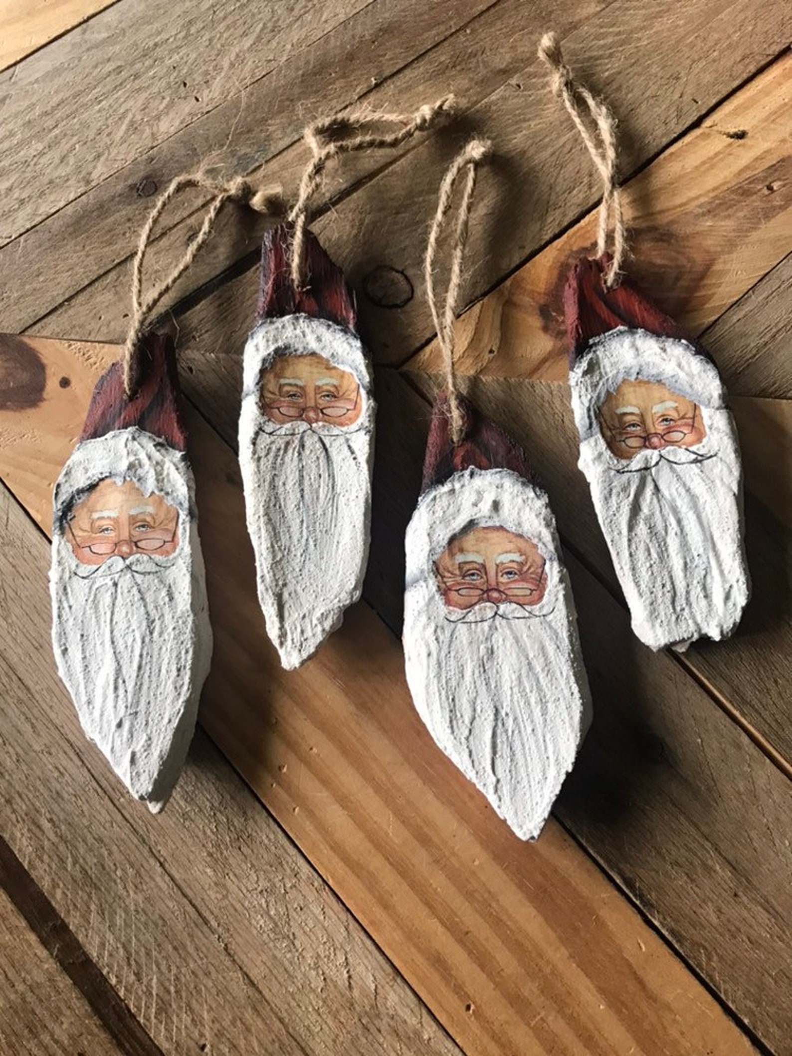 Hand Painted Santa Ornament, Santa Bark Ornament, Wooden Santa Ornament ...
