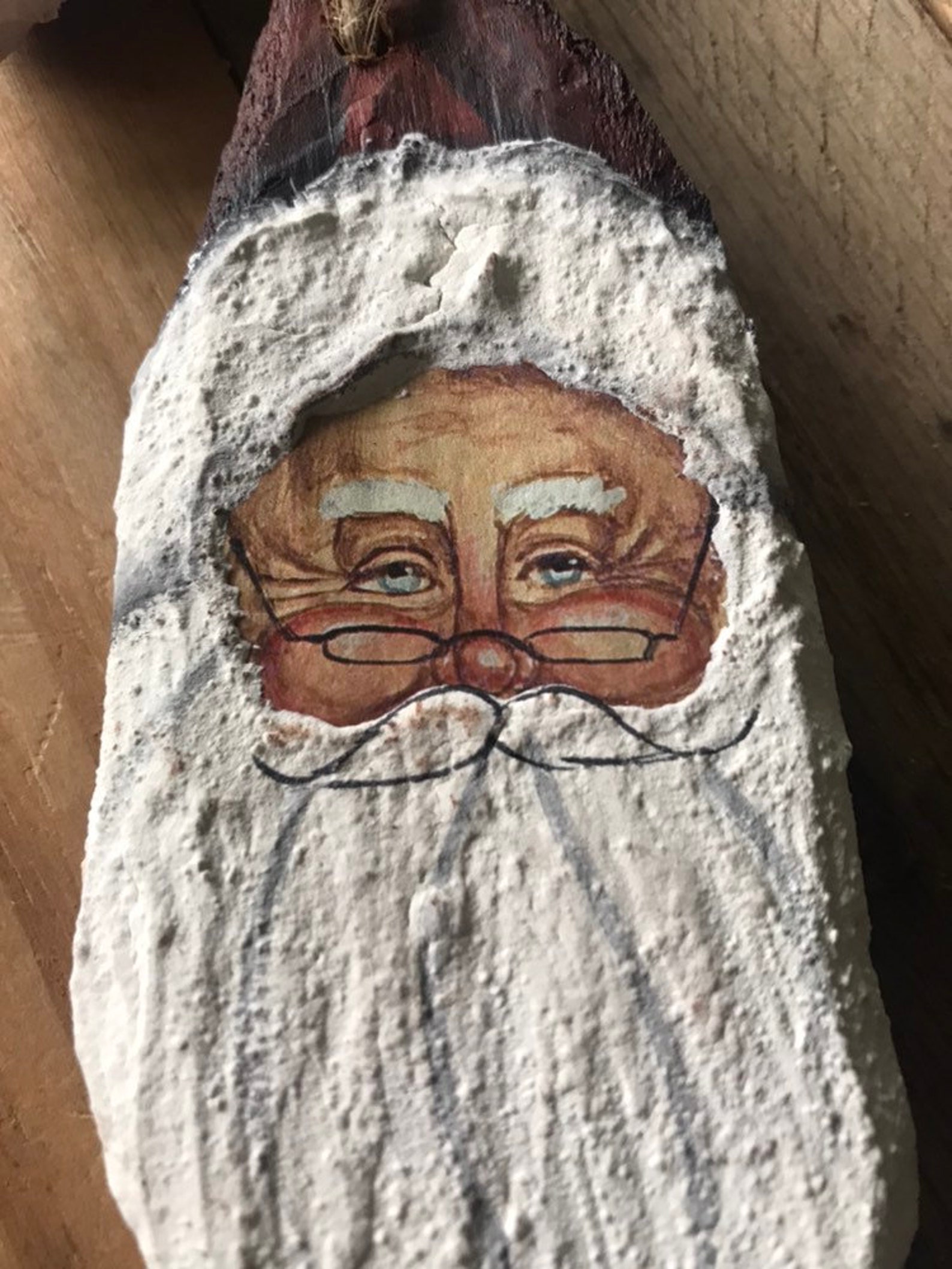 Hand Painted Santa Ornament, Santa Bark Ornament, Wooden Santa Ornament ...