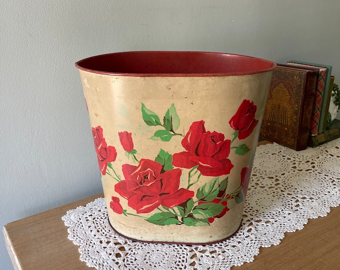 Vintage Trash Can, Vintage Floral Trash Can, Metal Trash Can, Red Rose ...