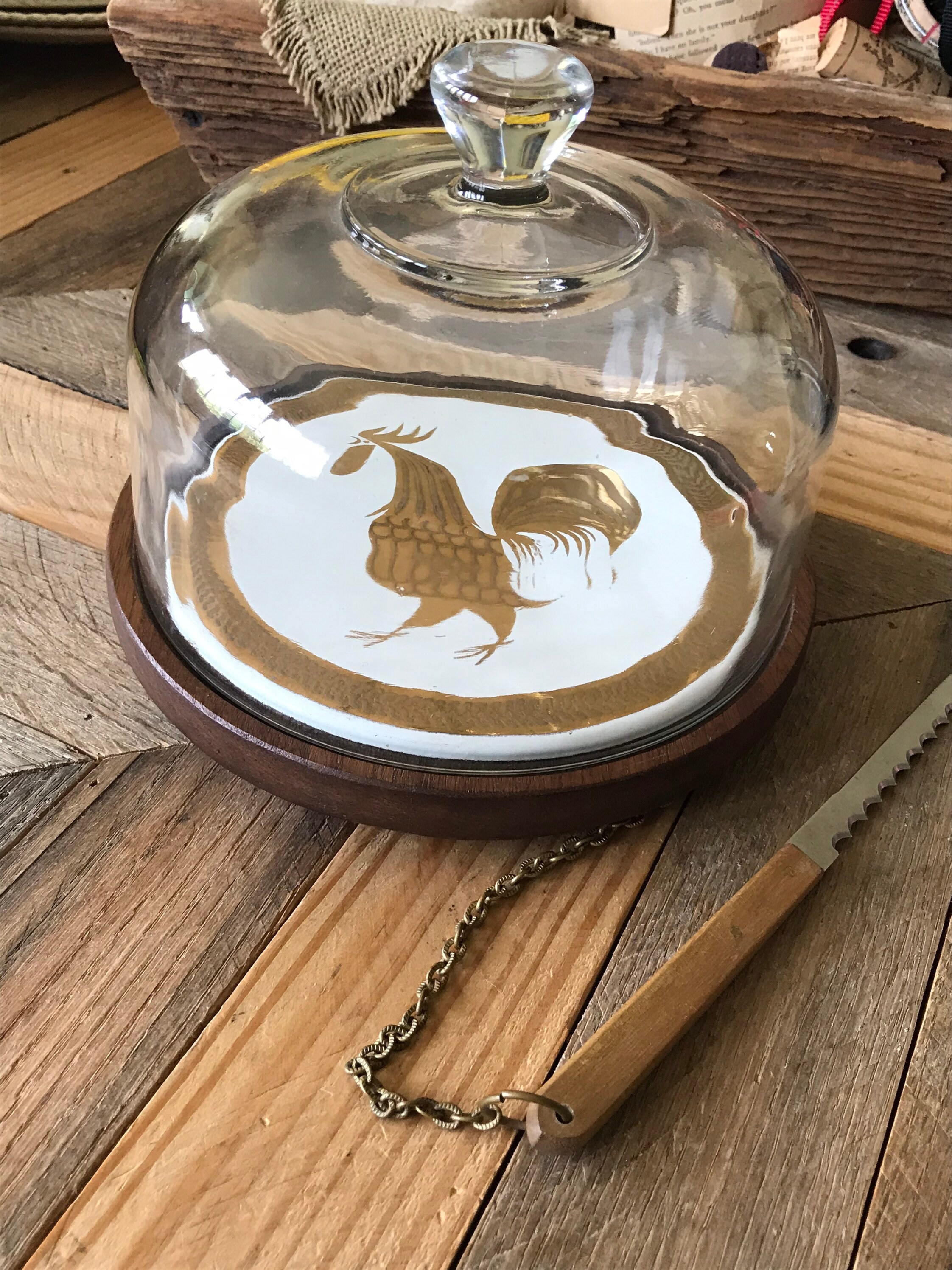 Vintage Rooster Cheese Plate With Glass Dome Lid Vintage | Etsy