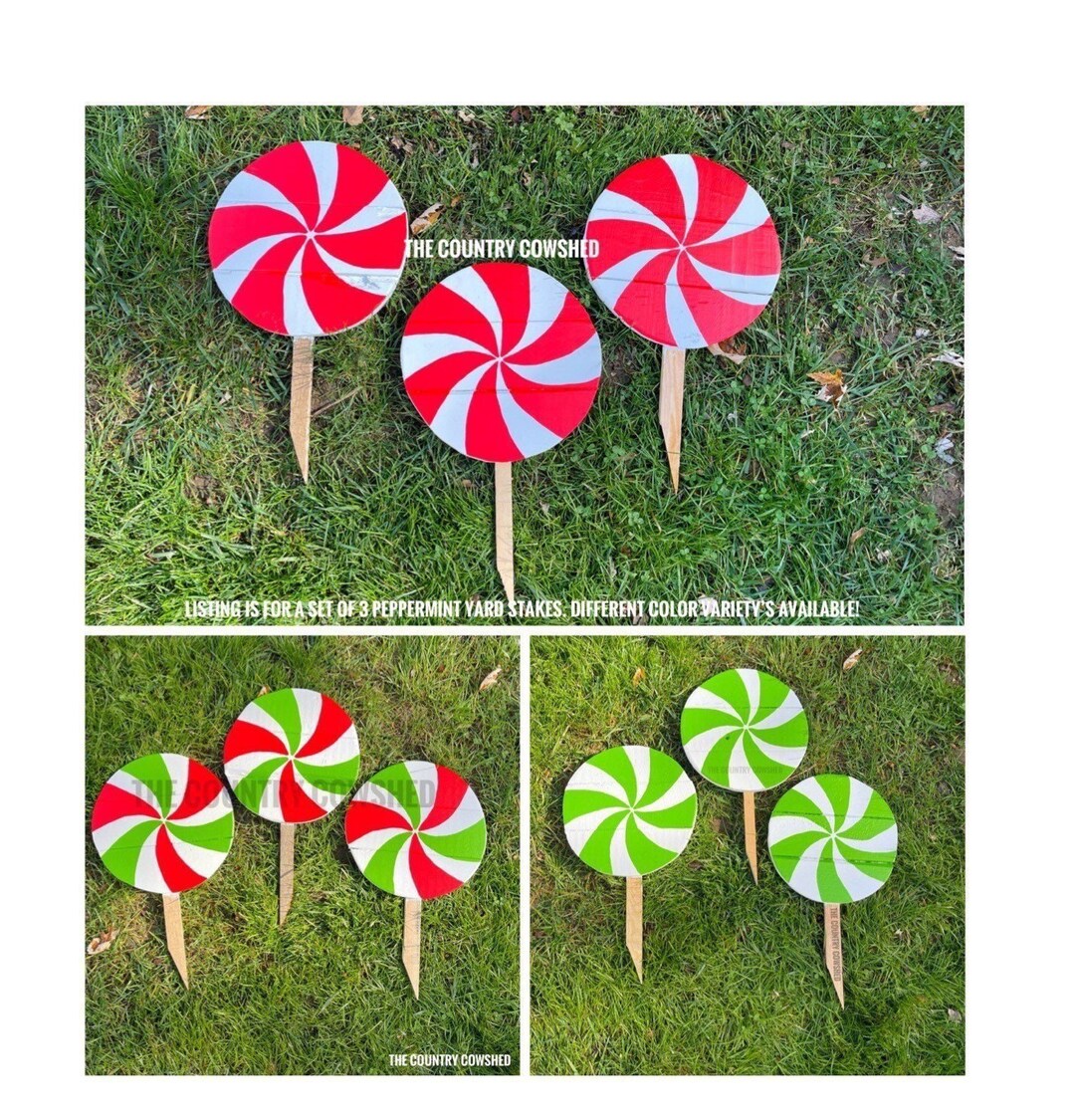 Christmas Yard Stakes, Rustic Peppermint Garden Stakes, Wood Stakes, Winter Outdoor Decoration ...