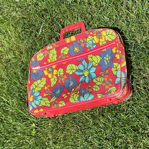 Vintage Red Floral Luggage, Brown Travel Case, Retro Floral Suitcase ...