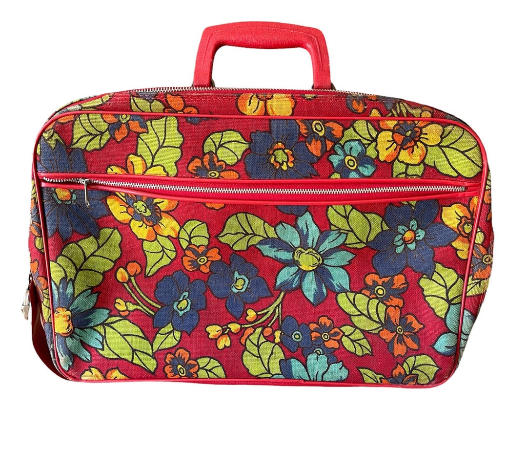 Vintage Red Floral Luggage, Brown Travel Case, Retro Floral Suitcase ...