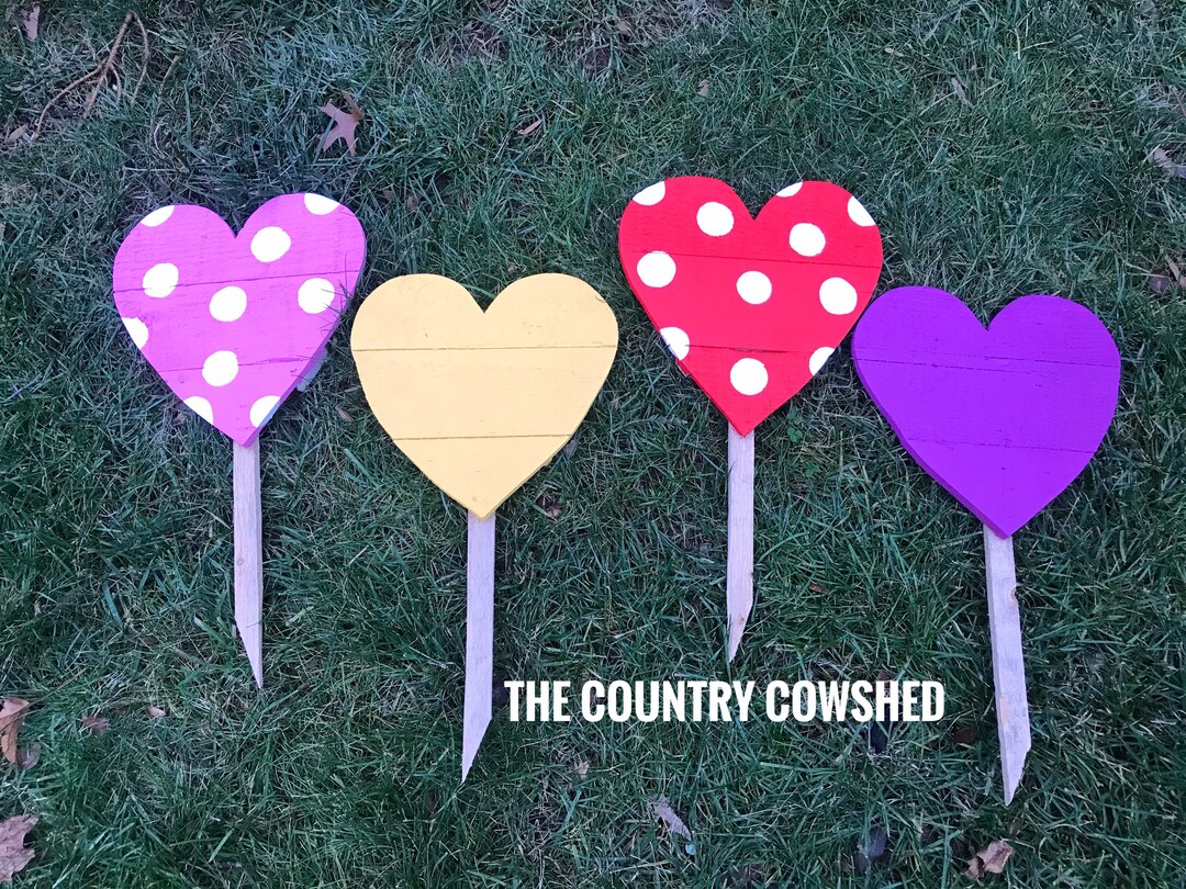 Set of 4 Heart Yard Stakes, Spring Yard Stakes, Wood Stakes, Valentines ...