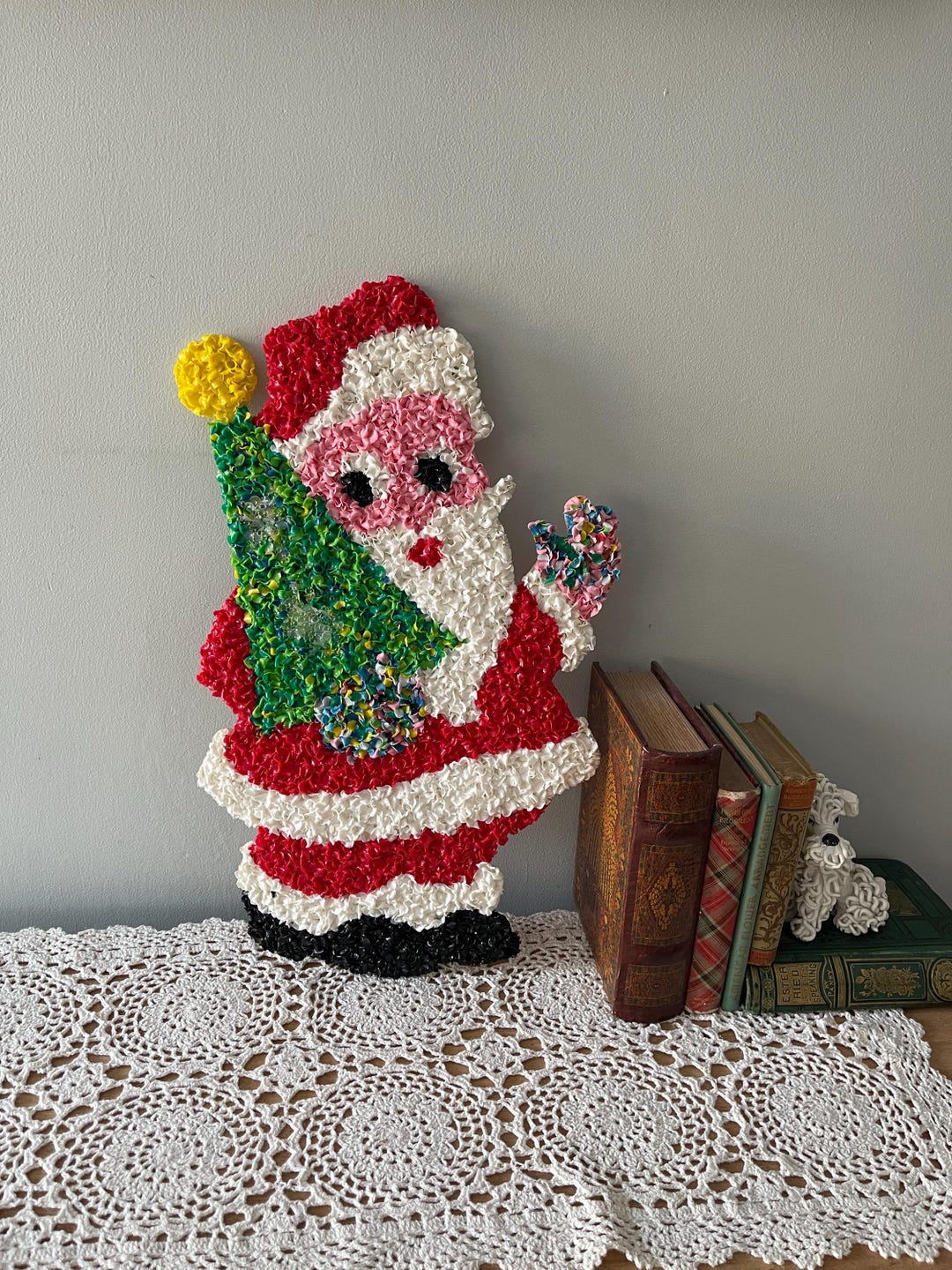 Popcorn Santa Holding Tree, Vintage Door Decorations, Melted Plastic ...