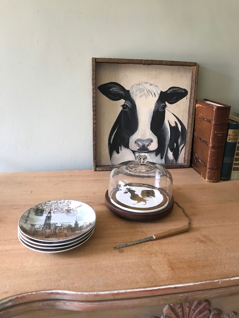 Vintage Rooster Cheese Plate With Glass Dome Lid Vintage | Etsy