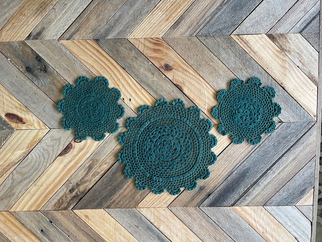 Vintage Green Doily, Set of 3 Doilies, Green Doily, Crocheted Doily ...
