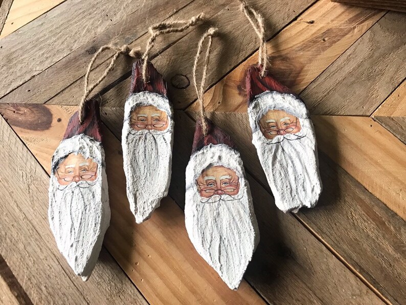 Hand Painted Santa Ornaments 3 Santa Bark Ornaments Wooden - Etsy