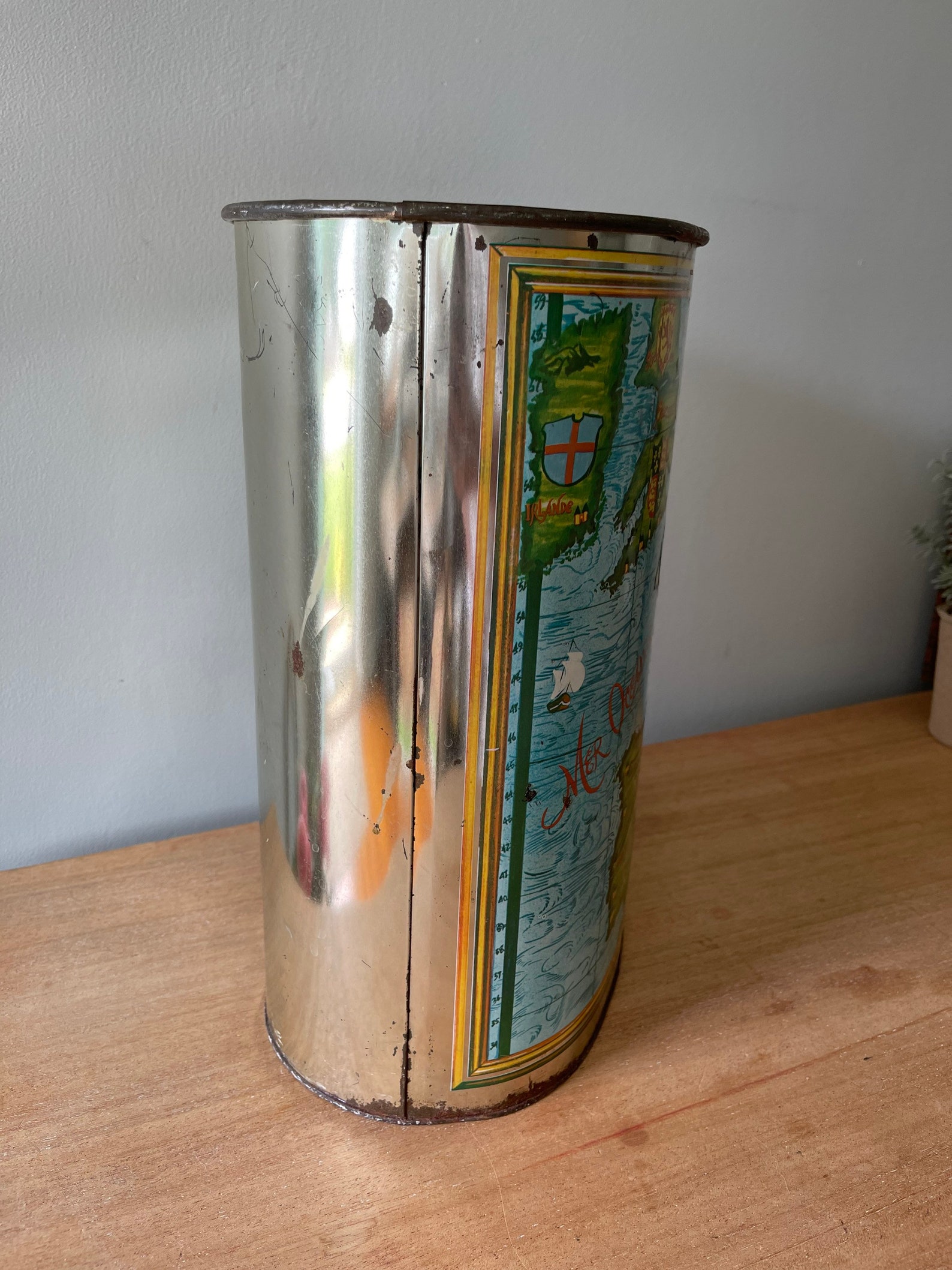 Vintage Trash Can, European Map, Metal Trash Can, Map Wastebasket ...