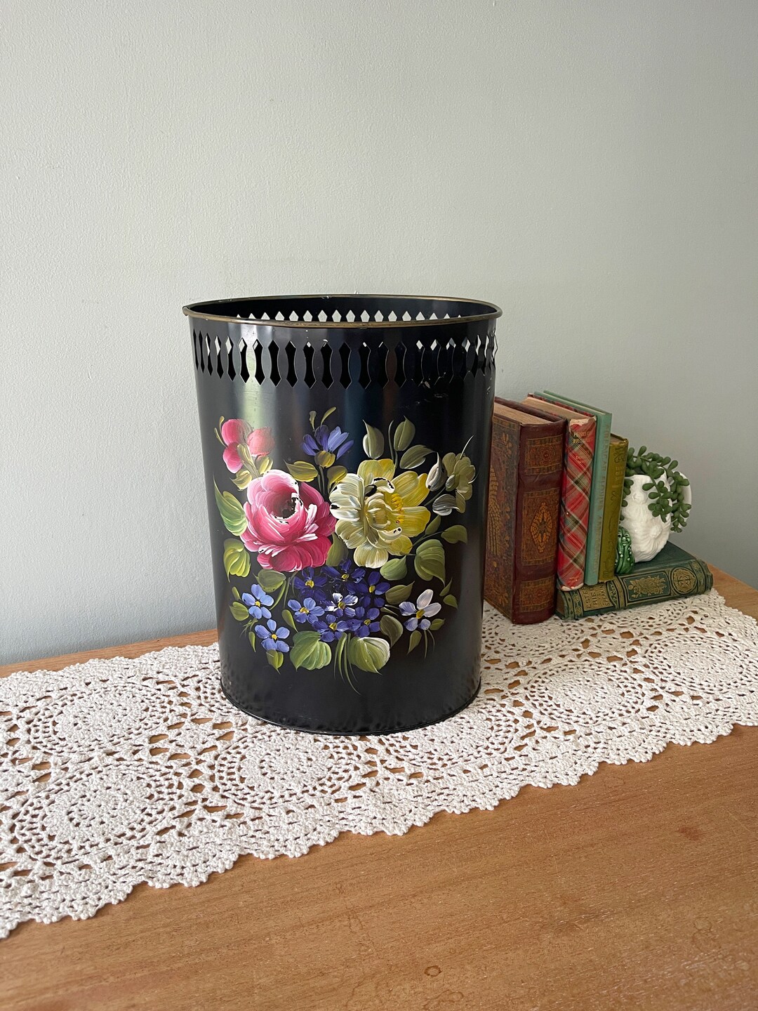 Vintage Floral Tole Trash Can With Black Background - Etsy