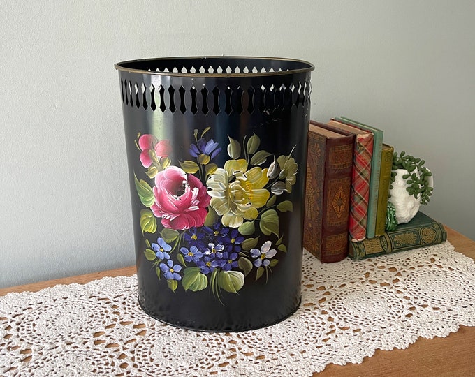 Vintage Floral Trash Can, Vintage Nursery, Metal Trash Can, Floral ...