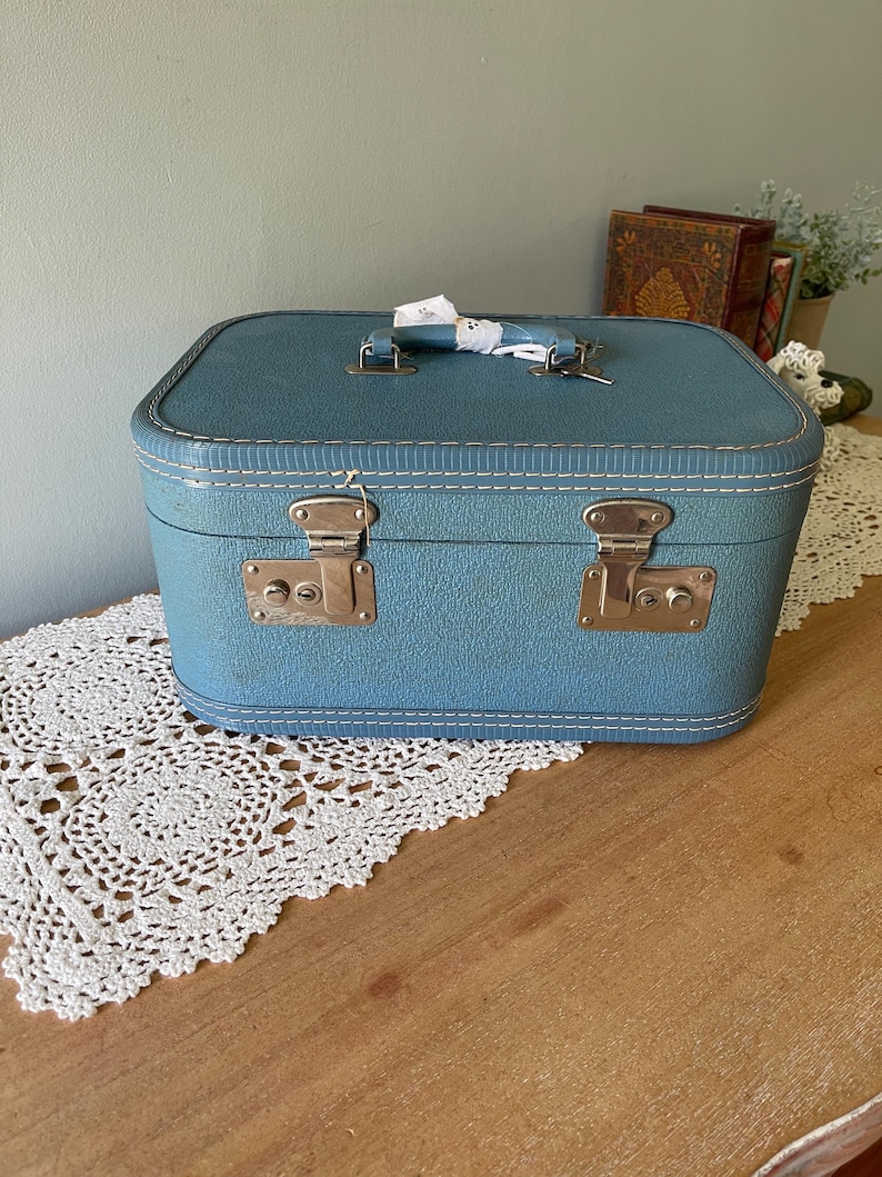 Vintage Blue Train Case, Blue Travel Case, Retro Vanity Case, Bohemian ...
