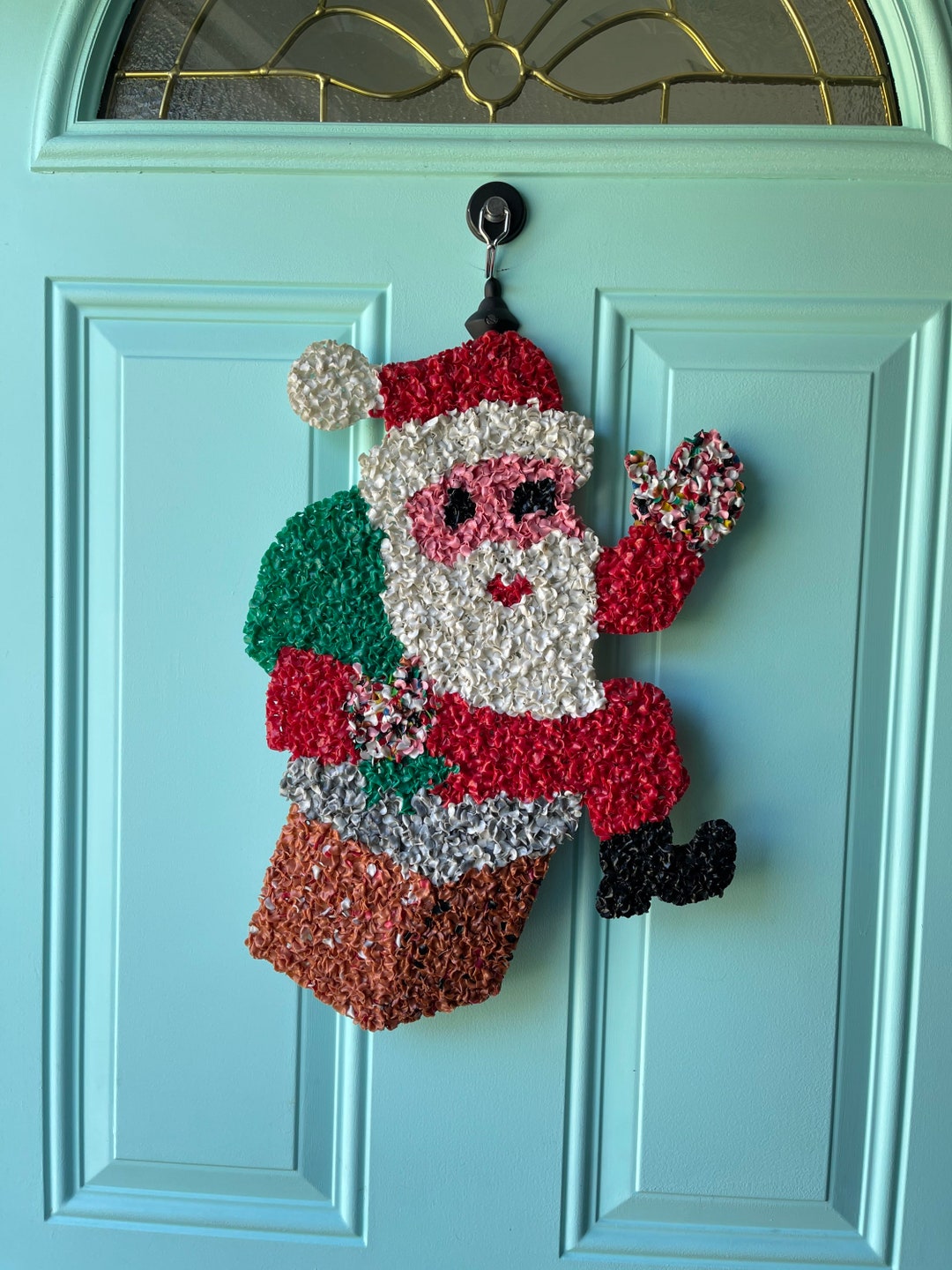 Santa in Chimney Decoration, Melted Plastic Popcorn Wall, Vintage Door ...