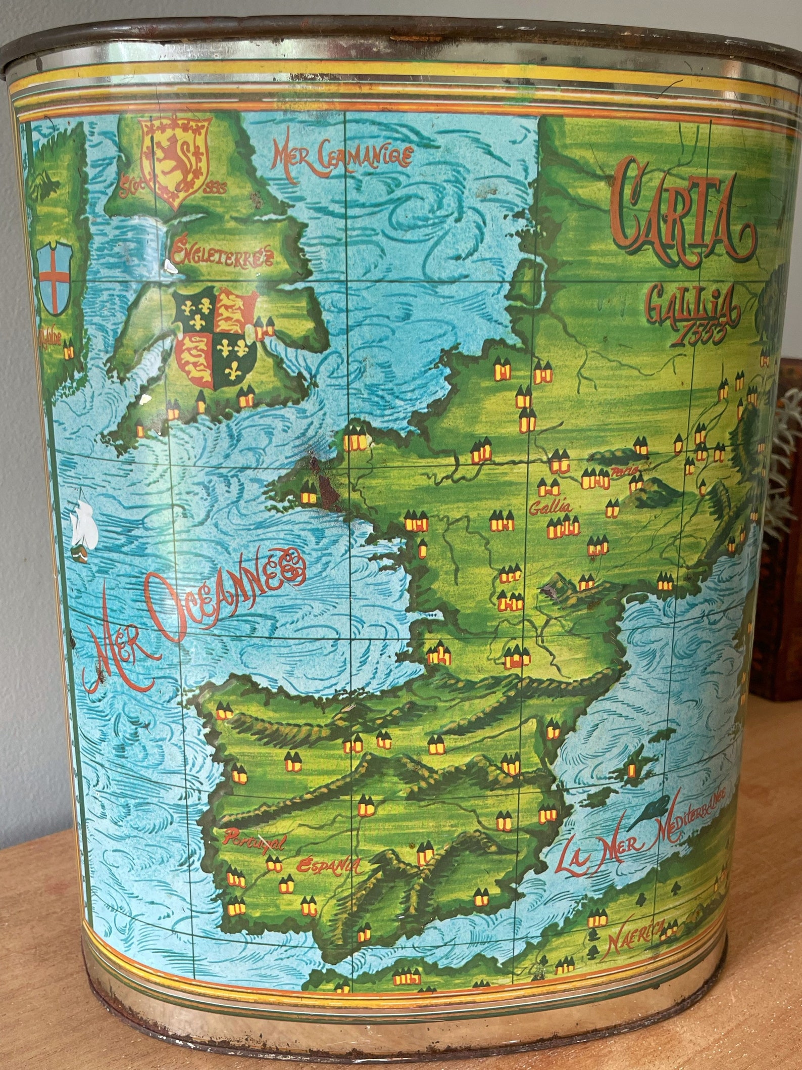Vintage Trash Can, European Map, Metal Trash Can, Map Wastebasket ...