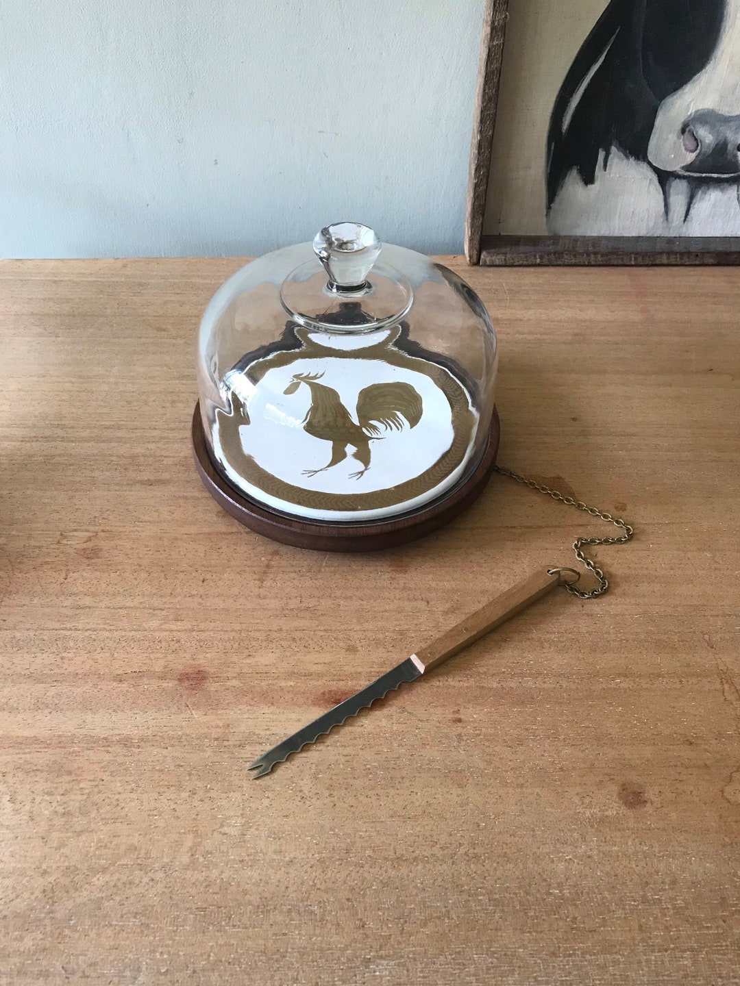 Vintage Rooster Cheese Plate With Glass Dome Lid, Vintage Cheese Plate ...