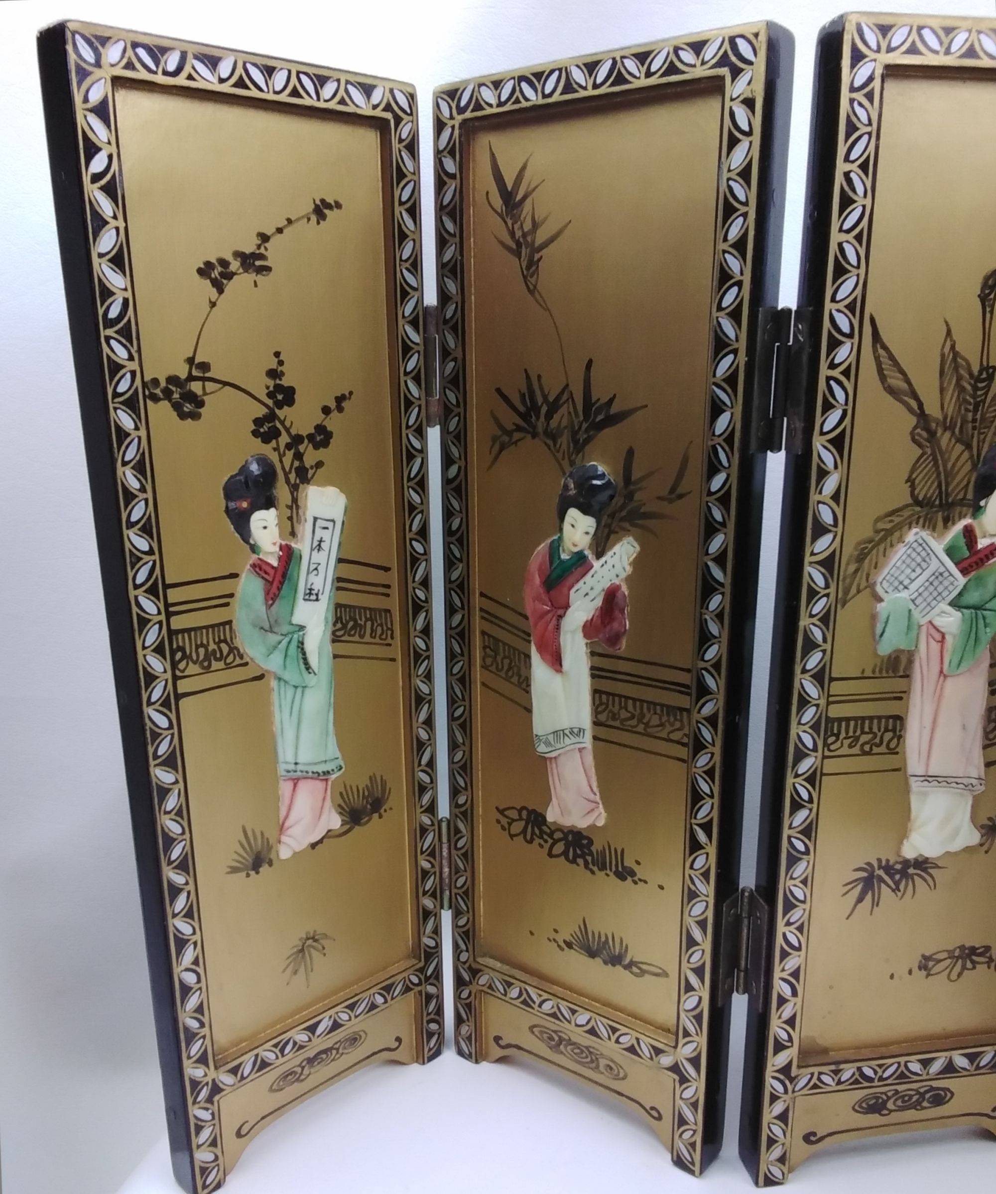 Oriental Hand-painted Geisha 4-panel Hinged, Folding Tabletop Divider ...