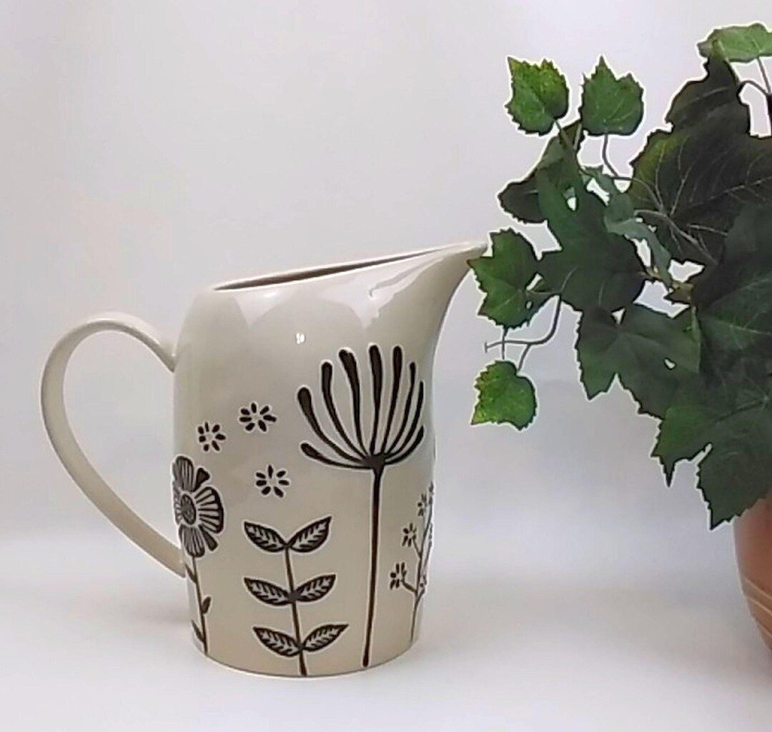 Creative Co-op, "cream & Black Embossed Flower" - One (1) Water Pitcher ...