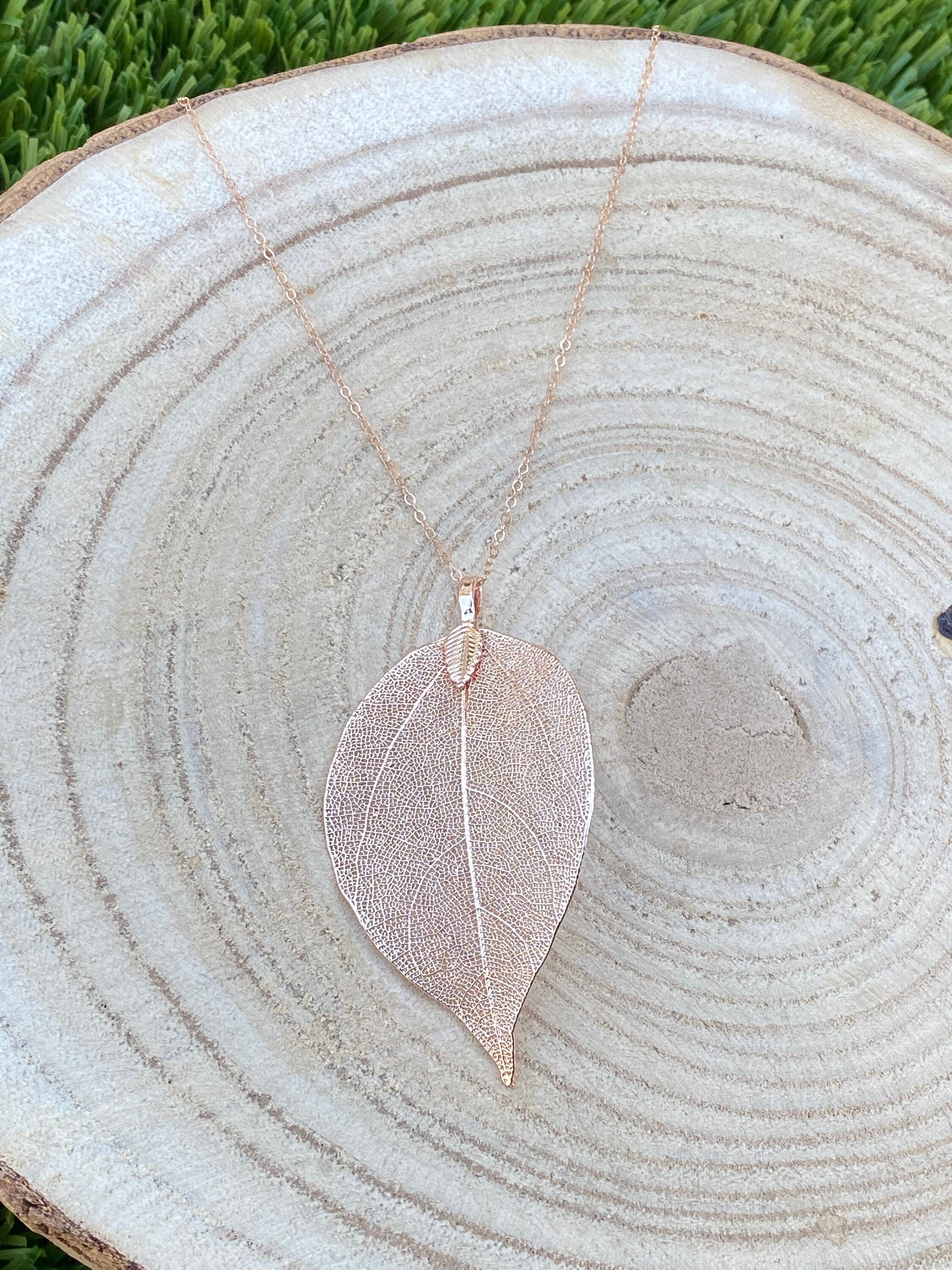 Rose Gold Leaf Pendant Necklace Long Rose Gold Necklace - Etsy UK