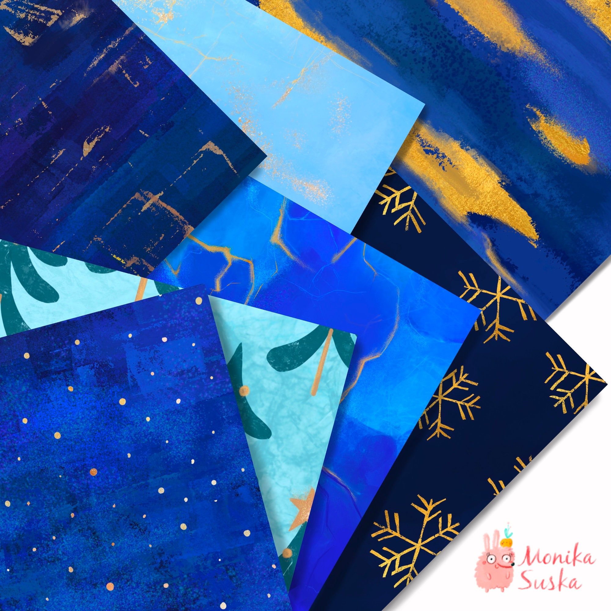 Blue and Gold Seamless Digital Paper, Festive Digital Paper, Christmas ...