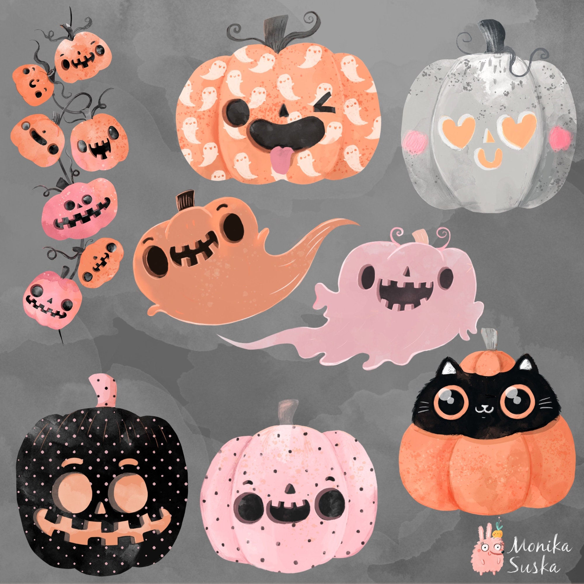 Halloween Pumpkin and Ghosts Clipart - Etsy