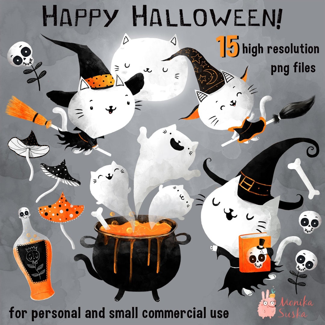 Halloween Clipart Cute White Cats Witches | Printable Art | Instant ...