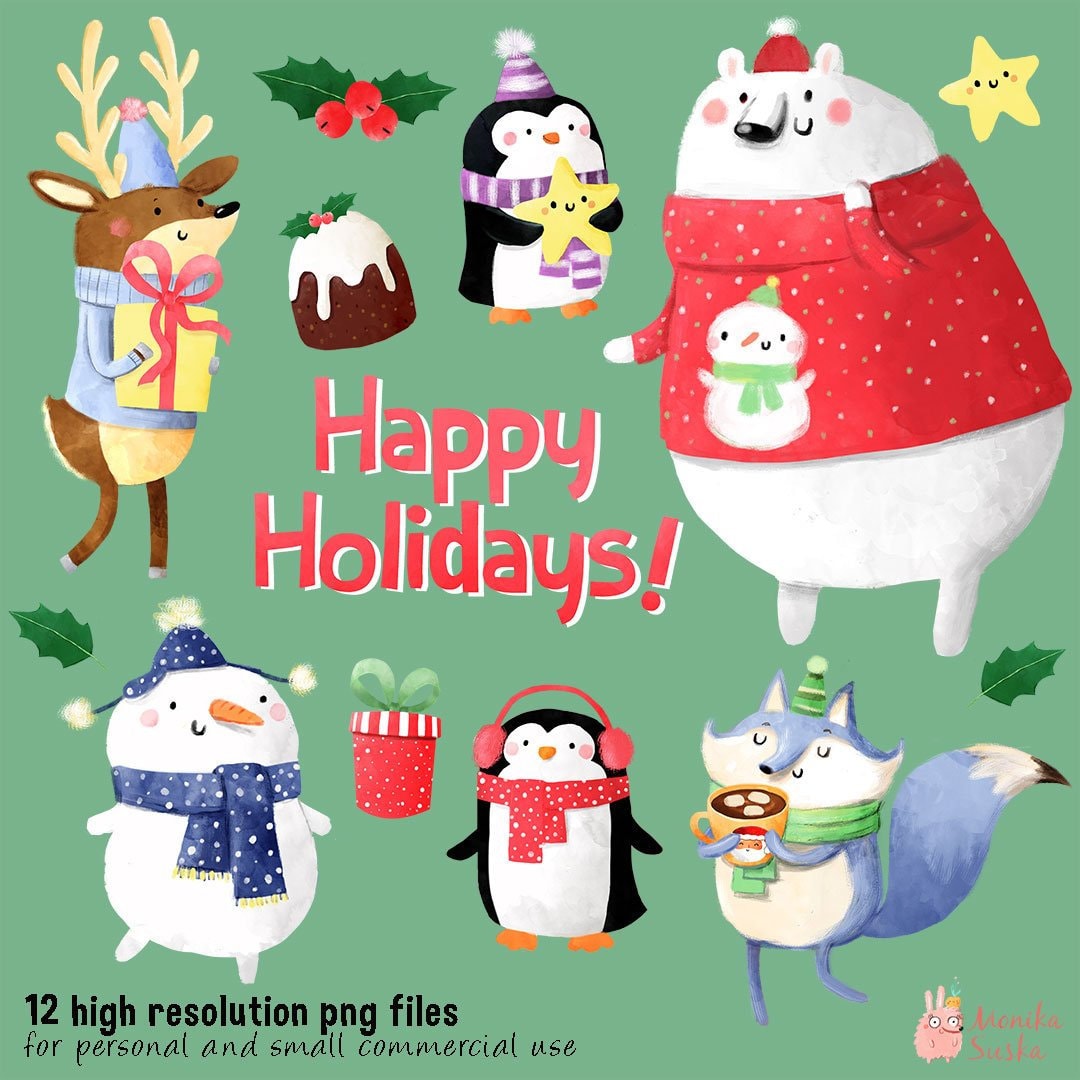 Christmas Clipart, Cute Holidays Clipart, Cute Animals Winter Clipart ...