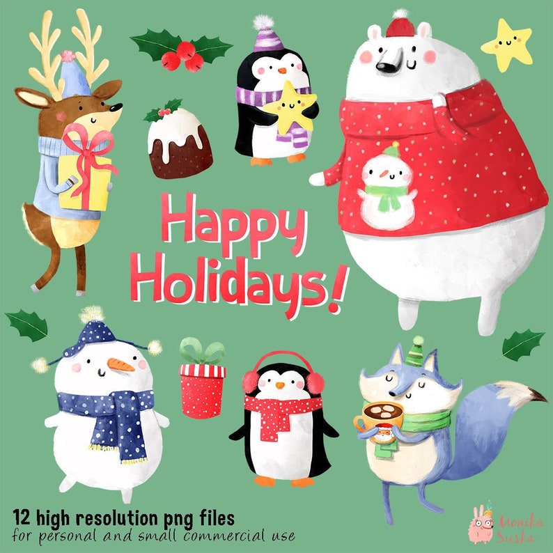 Christmas Clipart, Cute Holidays Clipart, Cute Animals Winter Clipart ...